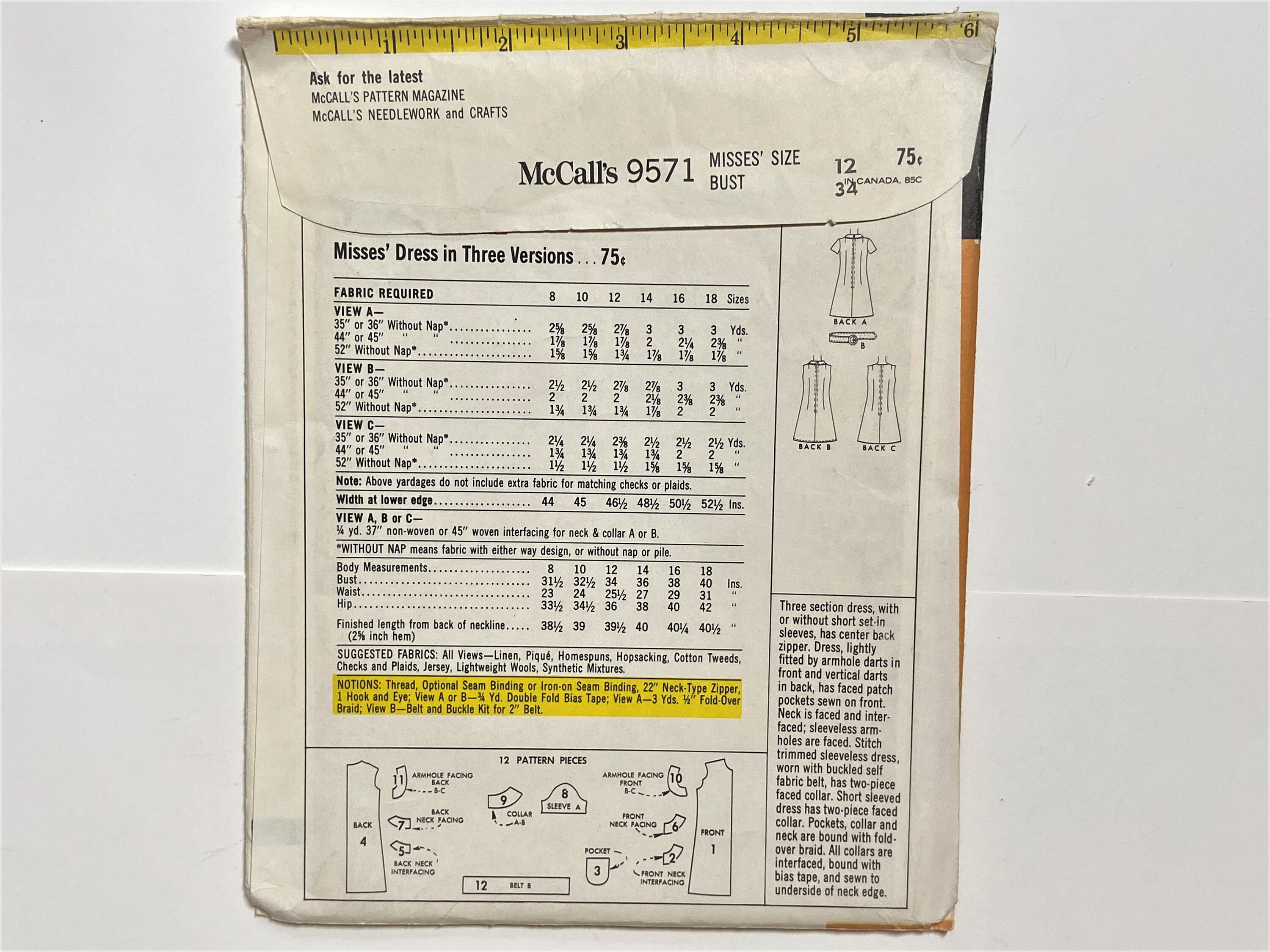 Vintage 1968 Mccall's Sewing Pattern 9571 Misses' Dress in Three ...