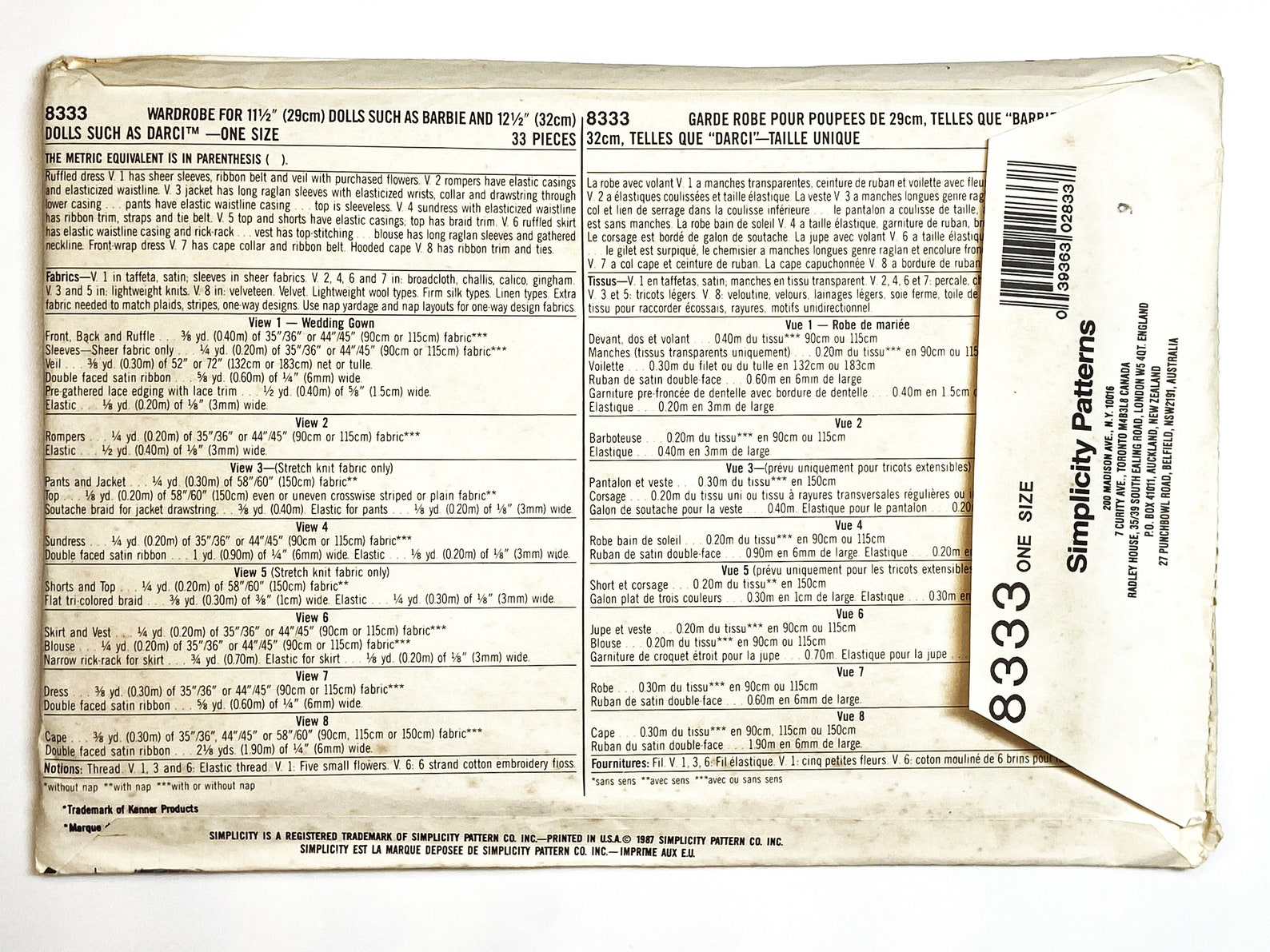 Simplicity 8333 Vintage Doll Clothes Sewing Pattern for 11.512.5 Doll ...