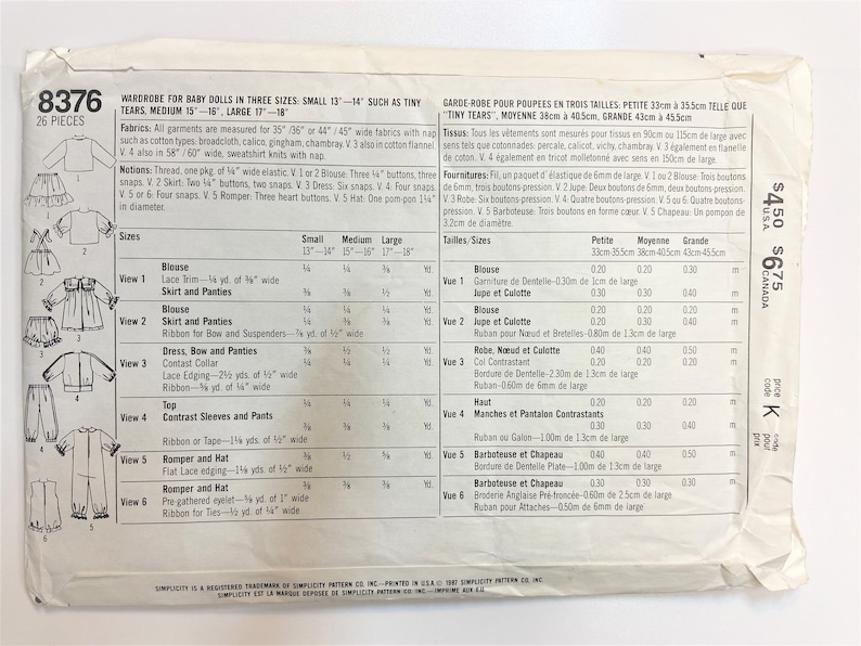 Simplicity 8376 Vintage Sewing Pattern for Doll Clothes Wardrobe for ...