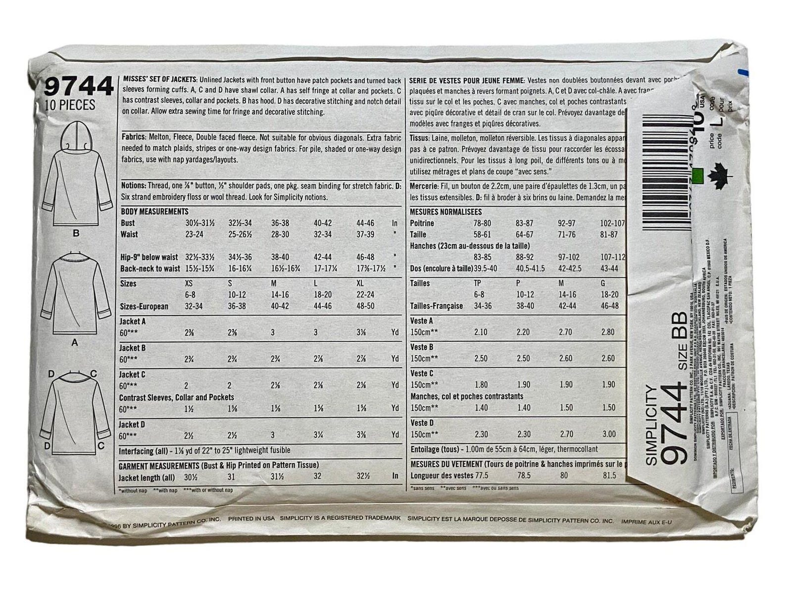 Simplicity 9744 Sewing Pattern Misses' Jackets Size L-XL Uncut - Etsy