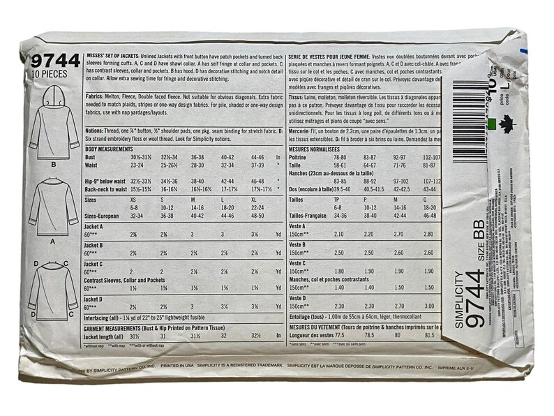 Simplicity 9744 Sewing Pattern Misses' Jackets Size L-XL Uncut - Etsy