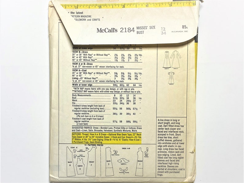 Mccall's 2184 Vintage Sewing Pattern Dress in 2 Lengths With Coat Size 12 Uncut - Etsy