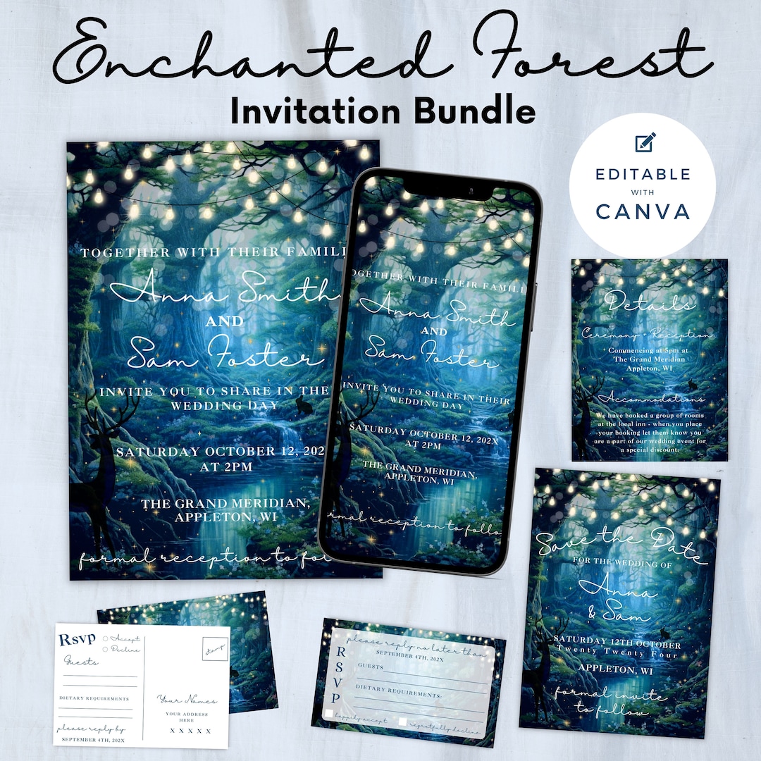 Enchanted Forest Wedding Invitation Template Suite - Editable Evite ...