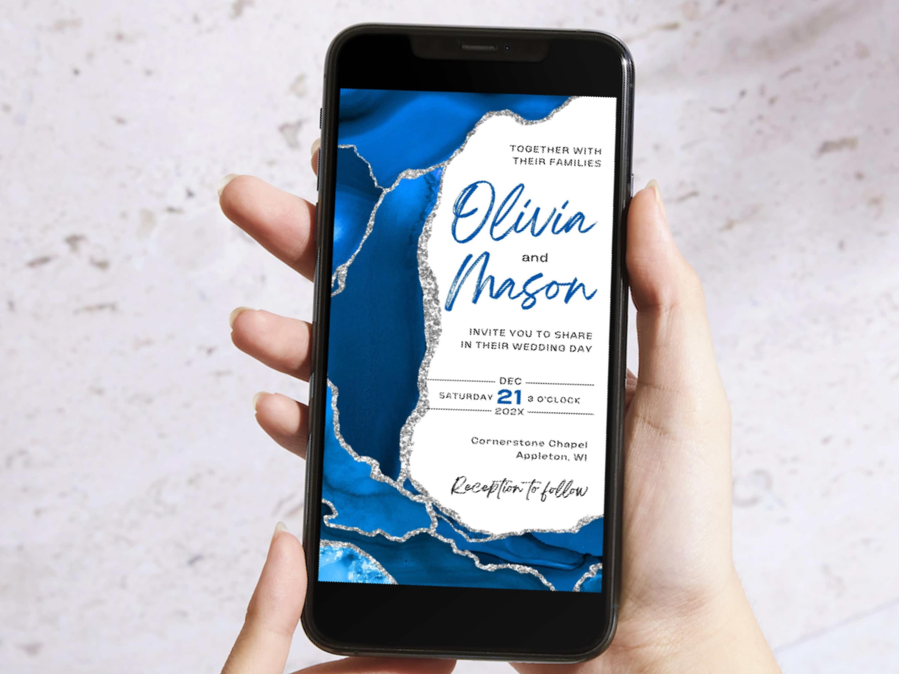 Blue and Silver Wedding Invitation Editable Template Printable and ...