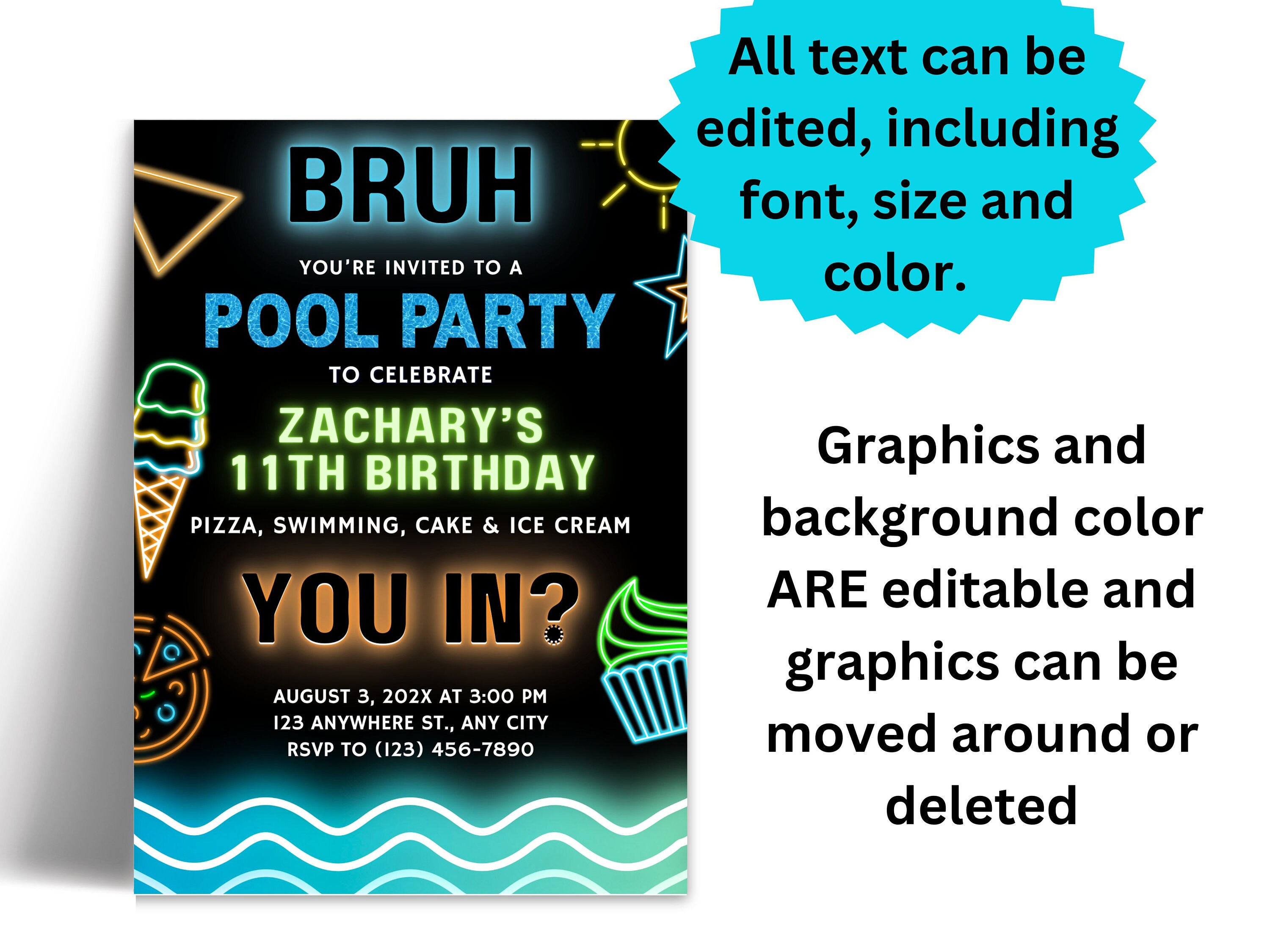 Bruh Pool Party Birthday Invitation - Editable Neon Invite for Teen and ...
