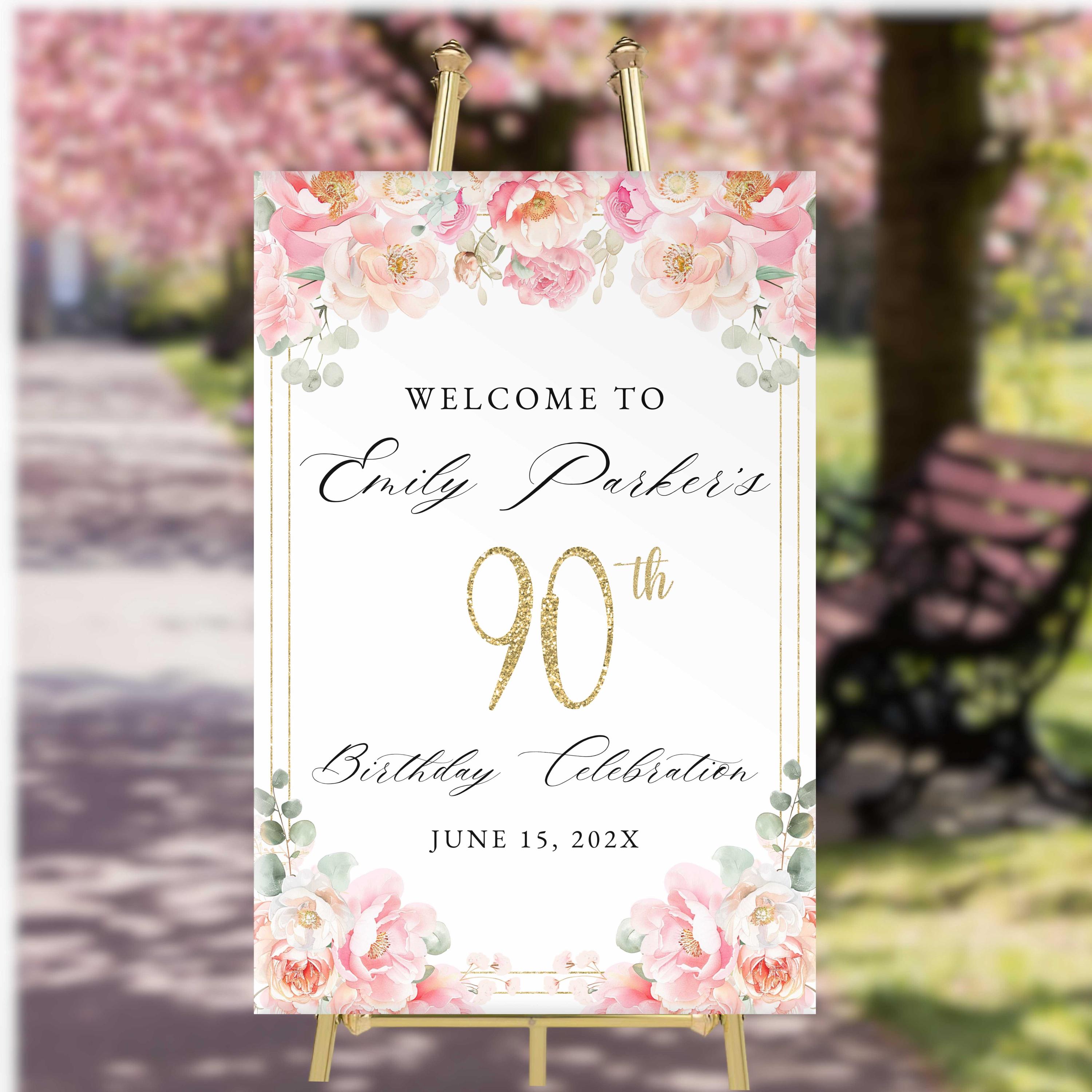 90th Birthday Sign - Editable Blush Pink Floral Welcome Sign Template ...