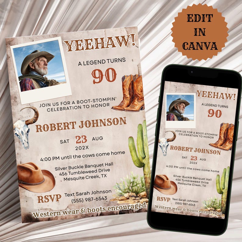 90th Birthday Invitation With Photo - Editable Invite Template for Any ...