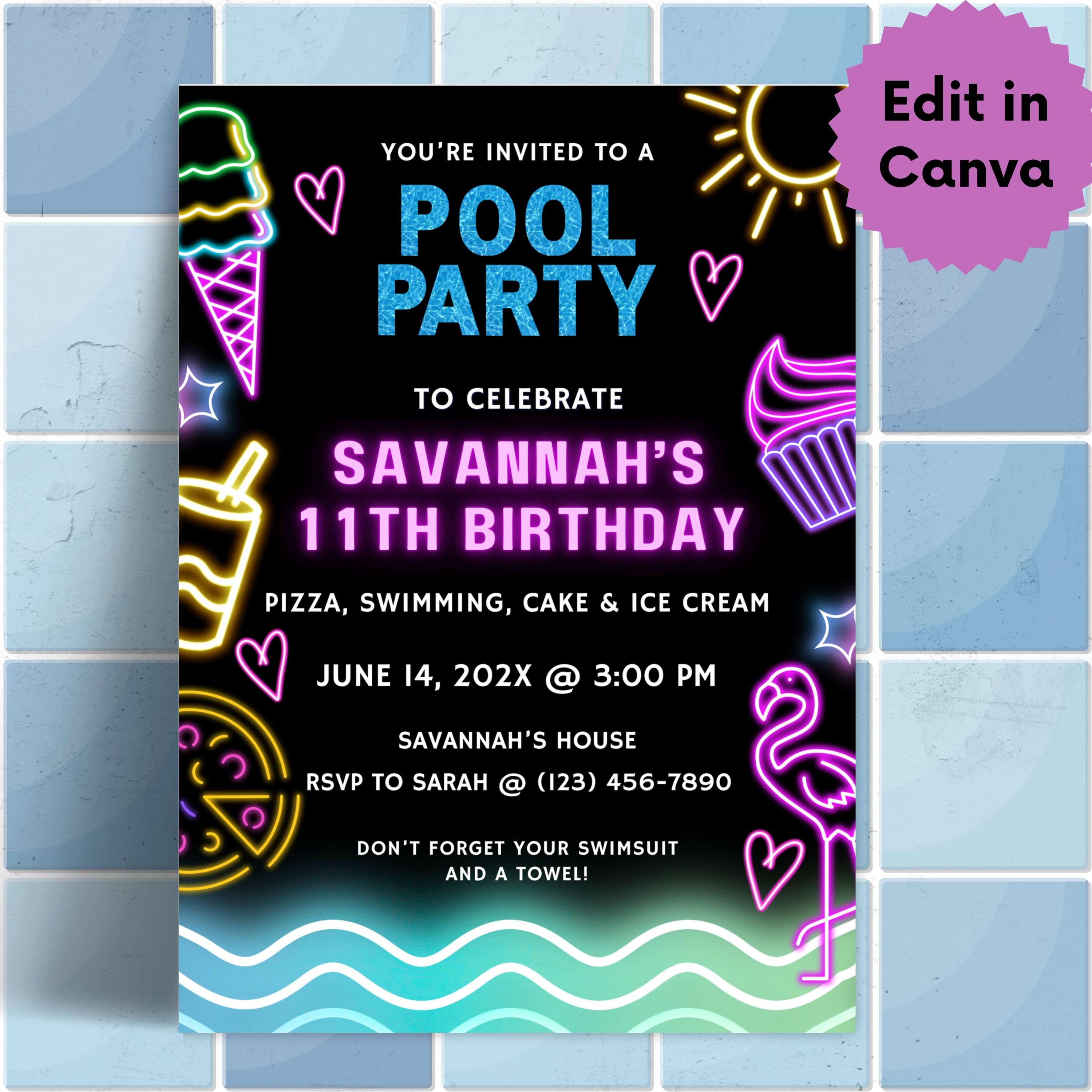 Girl Pool Party Birthday Invitation - Editable Neon Invite for Teen and ...