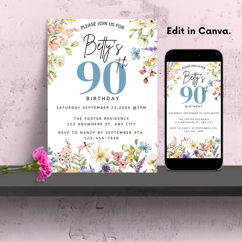 90th Birthday Invitation - Editable Invite Template for Any Age ...