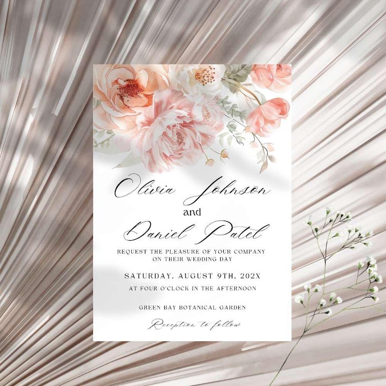 Peach Floral Wedding Invitation Template - Printable Elegant Wedding ...