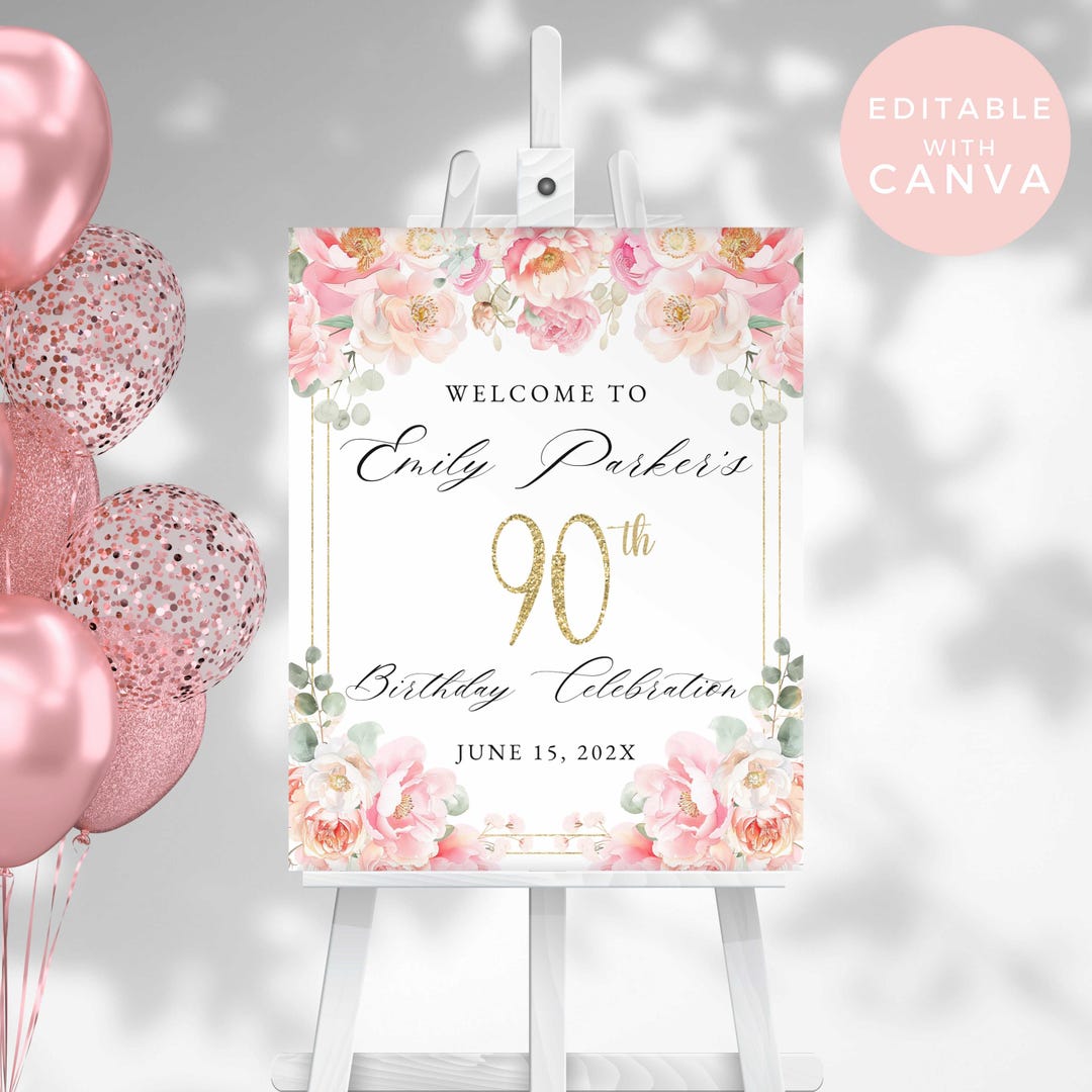 90th Birthday Sign - Editable Blush Pink Floral Welcome Sign Template ...