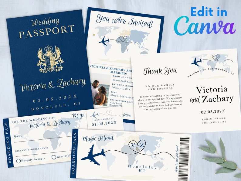 Passport Wedding Invitation Template BUNDLE for Destination Travel Theme Wedding With Program ...