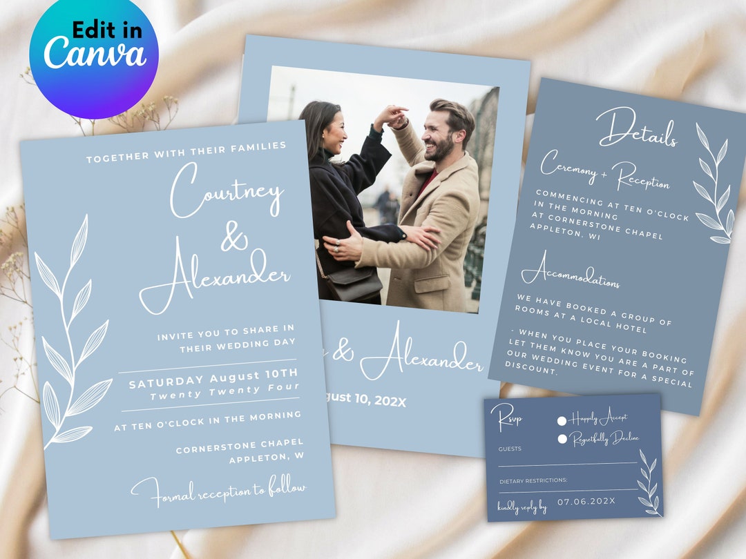 Dusty Blue Wedding Template Bundle - Printable Boho Floral Minimalist ...