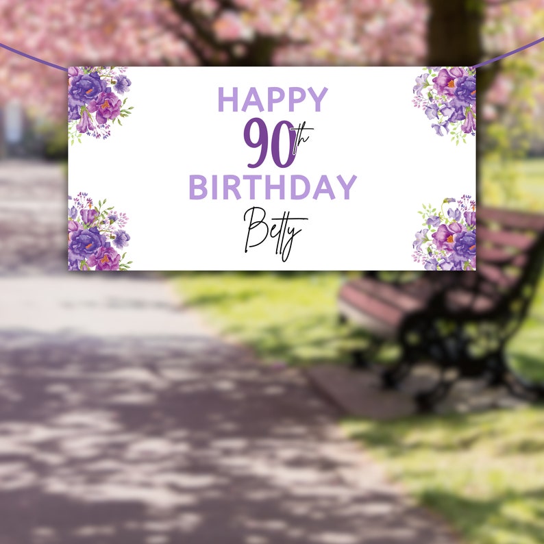 90th Birthday Banner - Editable Rectangle Party Sign Template - Purple ...