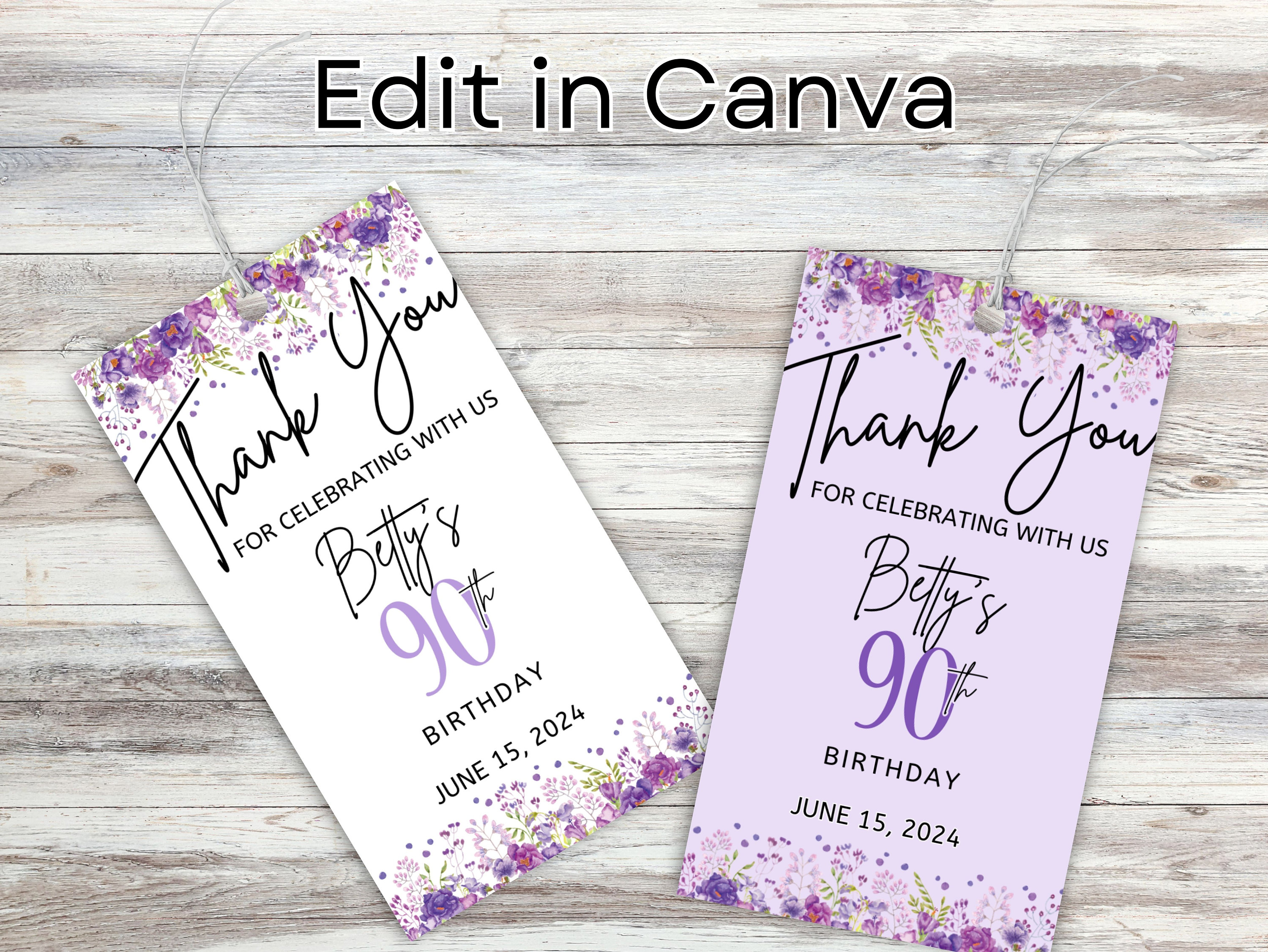 90th Birthday Favor Tag - Editable Any Age Birthday Rectangle Tag ...