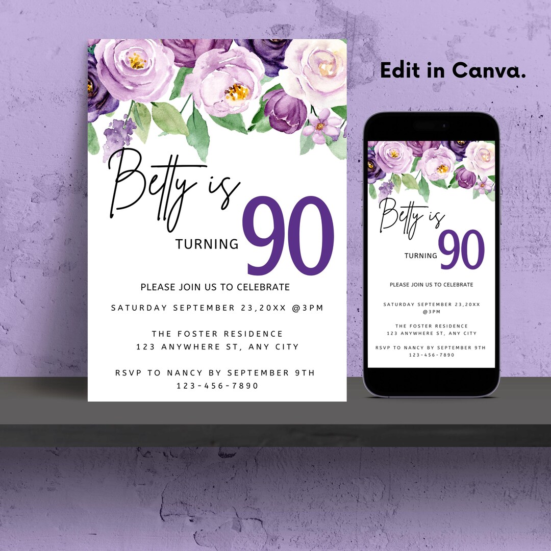 90th Birthday Invitation - Editable Invite Template for Any Age ...