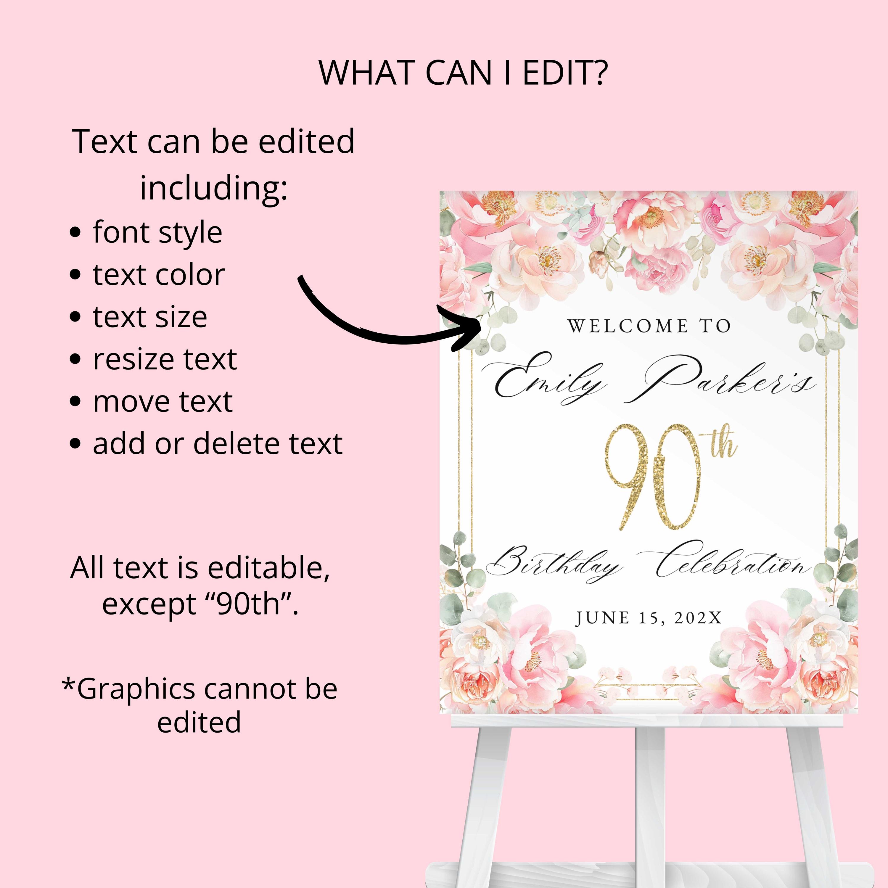 90th Birthday Sign - Editable Blush Pink Floral Welcome Sign Template ...