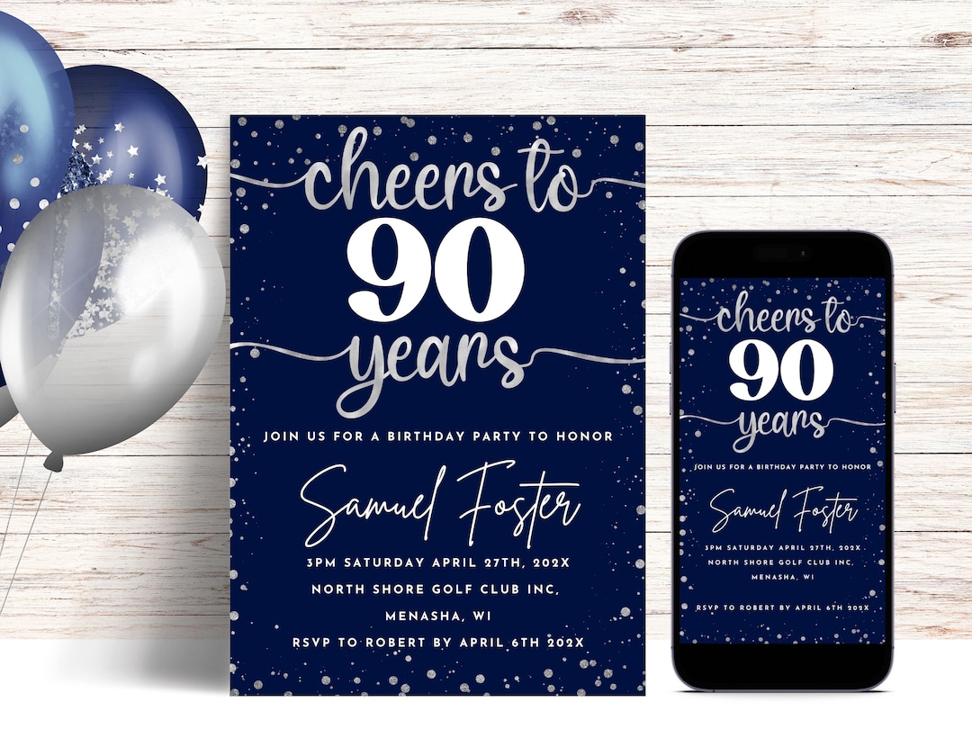 90th Birthday Invitation - Cheers to 90 Years Editable Invite Template ...