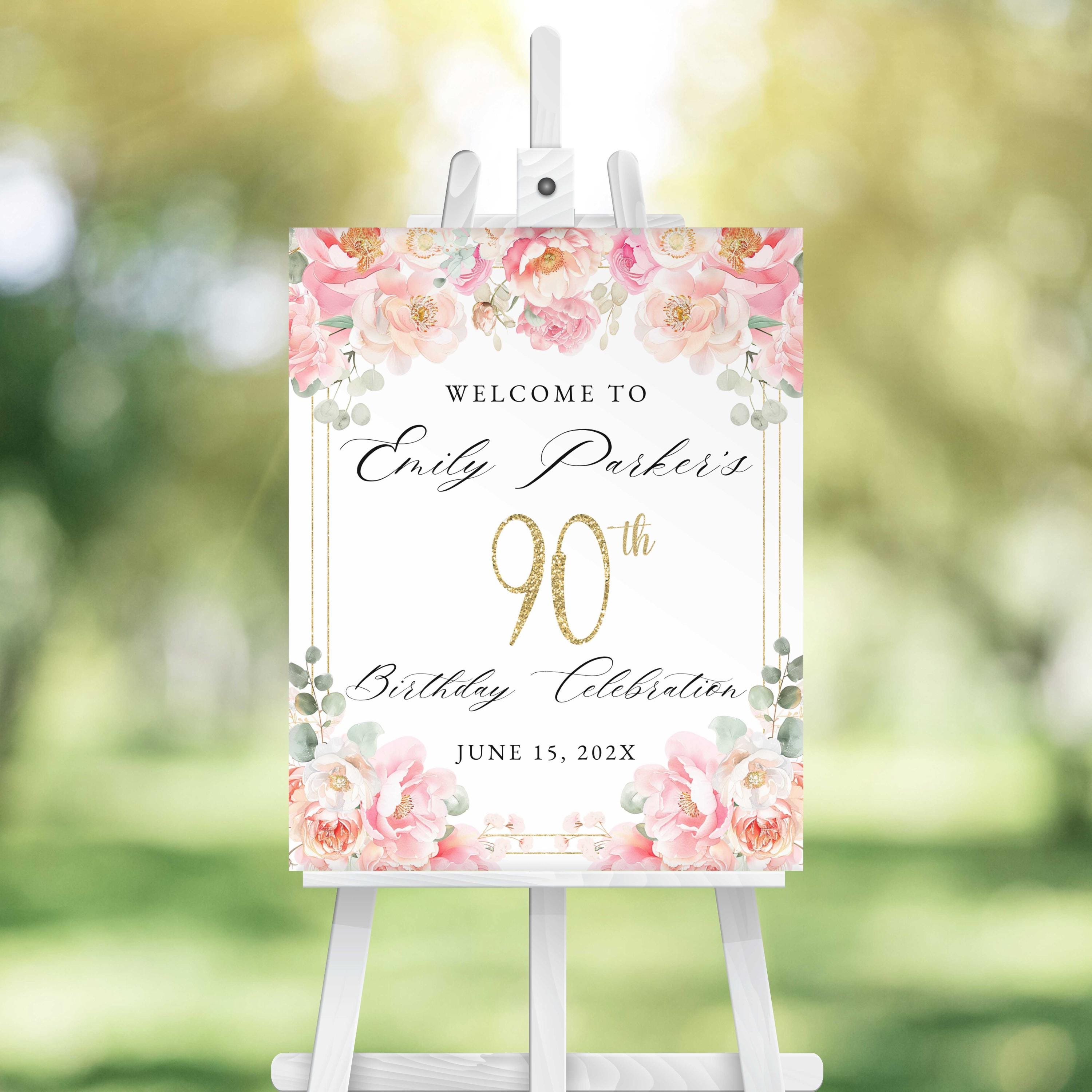 90th Birthday Sign - Editable Blush Pink Floral Welcome Sign Template ...