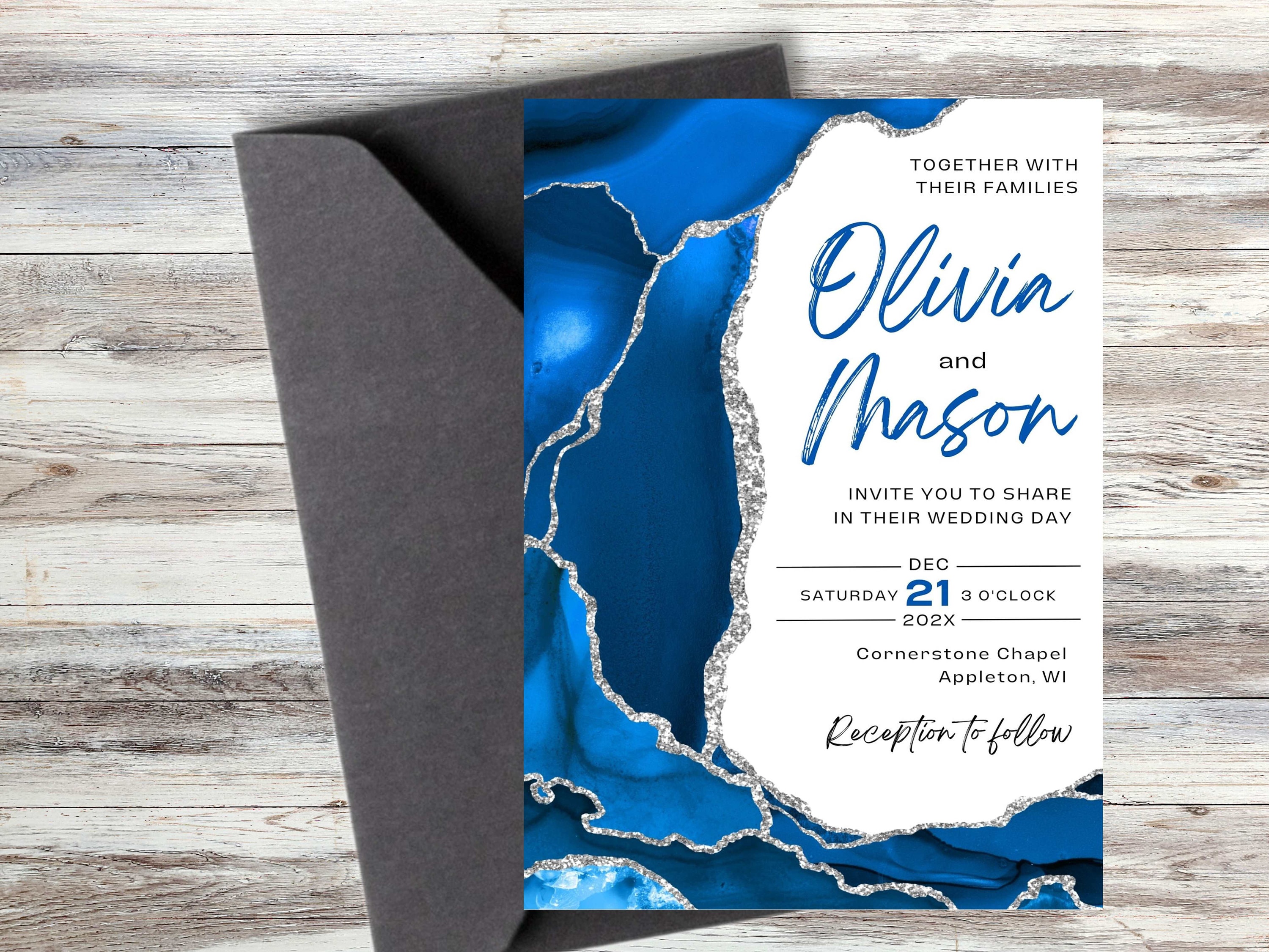Blue and Silver Wedding Invitation Editable Template Printable and ...