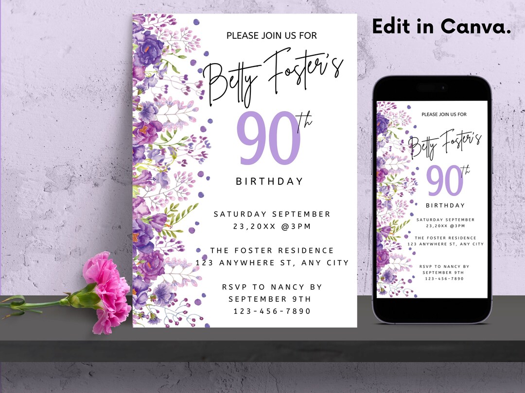 90th Birthday Invitation - Editable Invite Template for Any Age ...