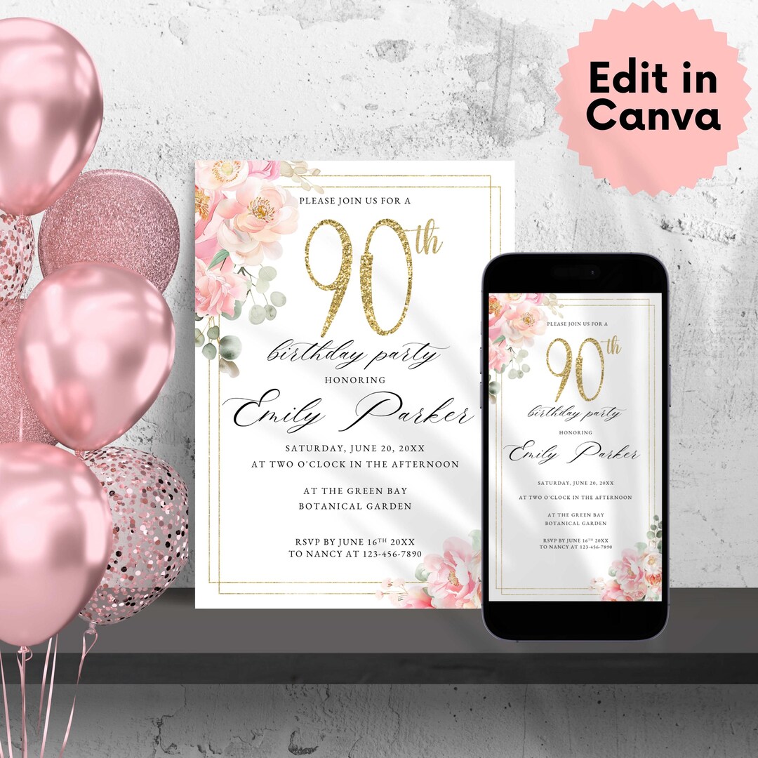90th Birthday Invitation - Editable Invite Template With Blush Pink ...