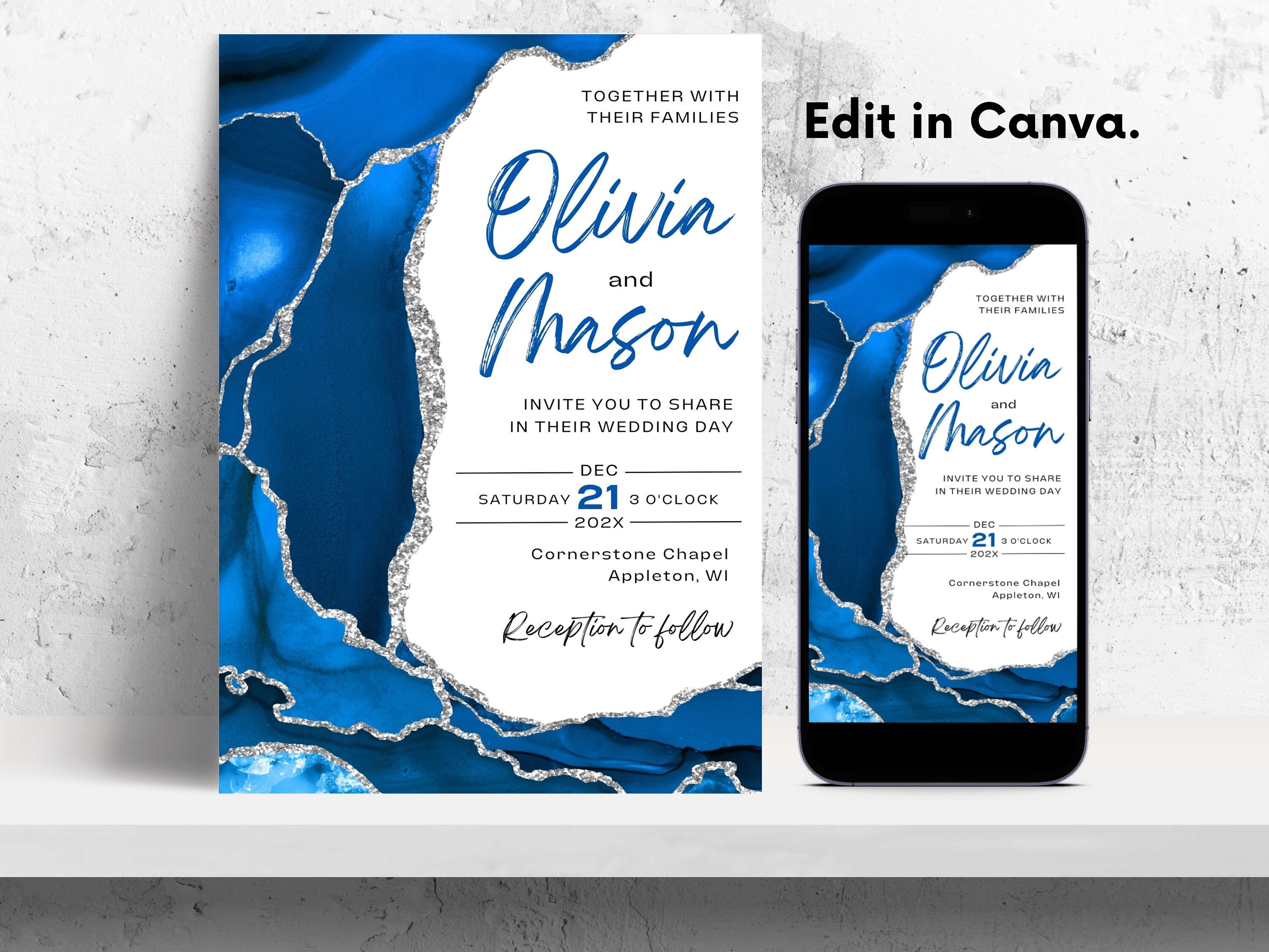 Blue and Silver Wedding Invitation Editable Template Printable and ...