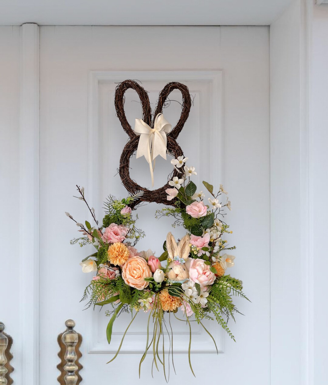 Easter Bunny Front Door Decoration With Pretty Flowers and Bow, Easter ...