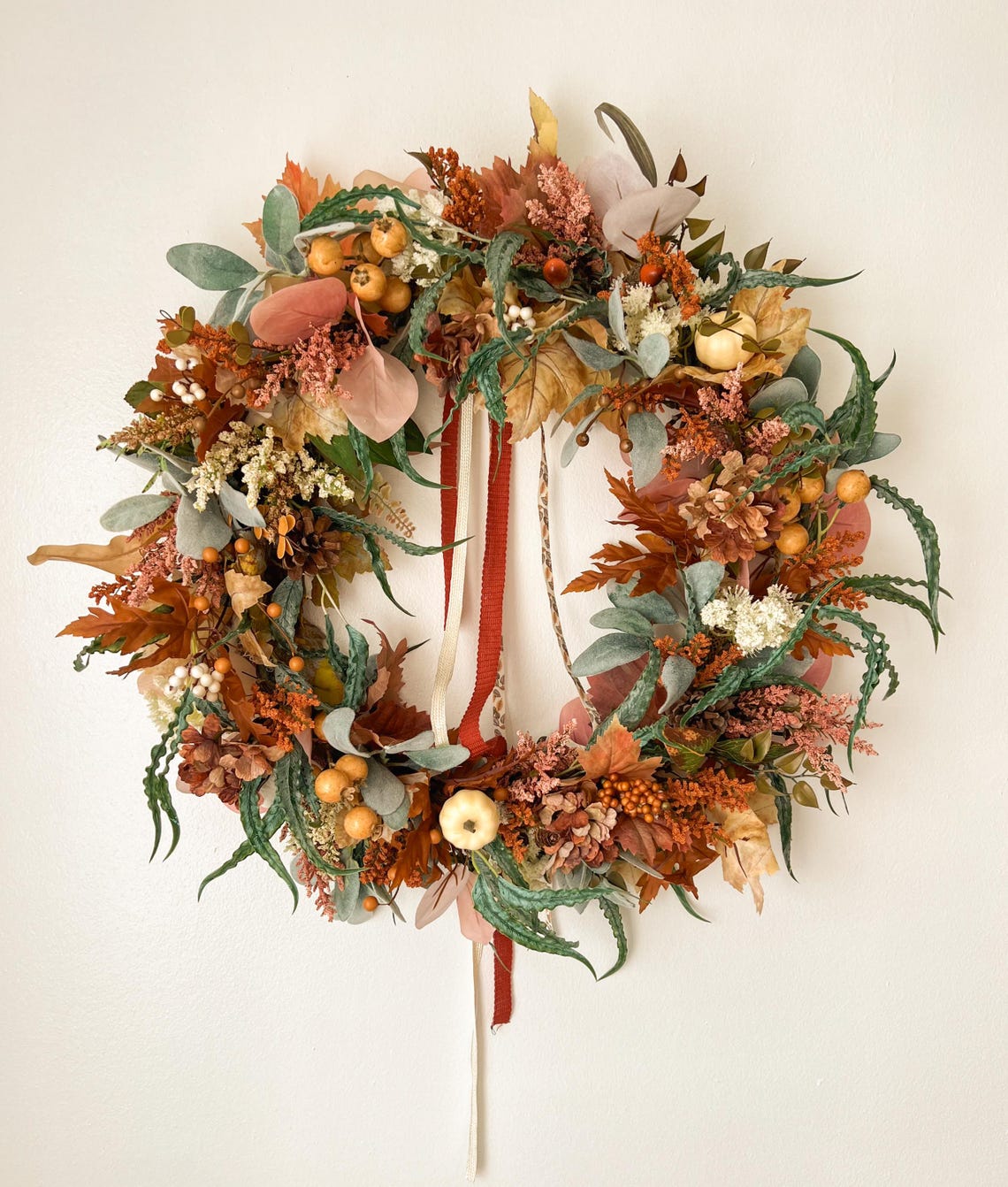Large Pumpkin Front Door Wreath With Greenery, Fall Pumpkin Home Wall ...