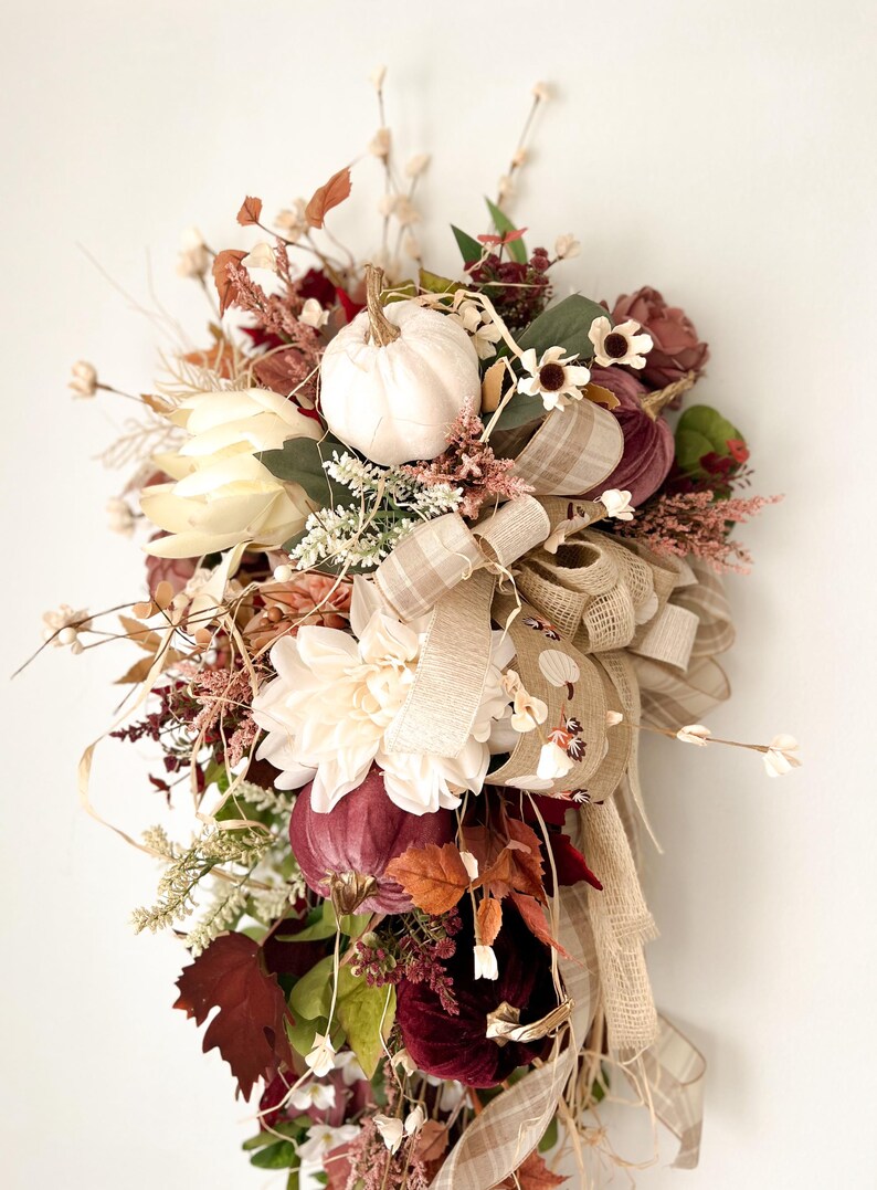 Fall Door Swag: Burgundy Maple Leaves & White Pumpkins - Etsy