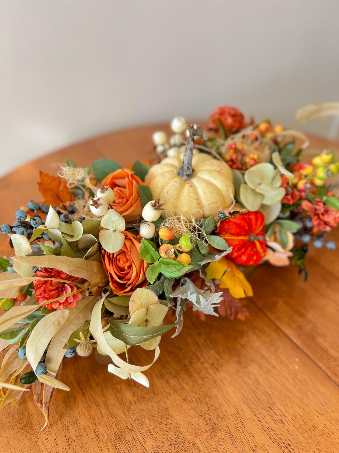 Autumn Table Arrangement in Wooden Pot, Fall Fake Flower Table ...