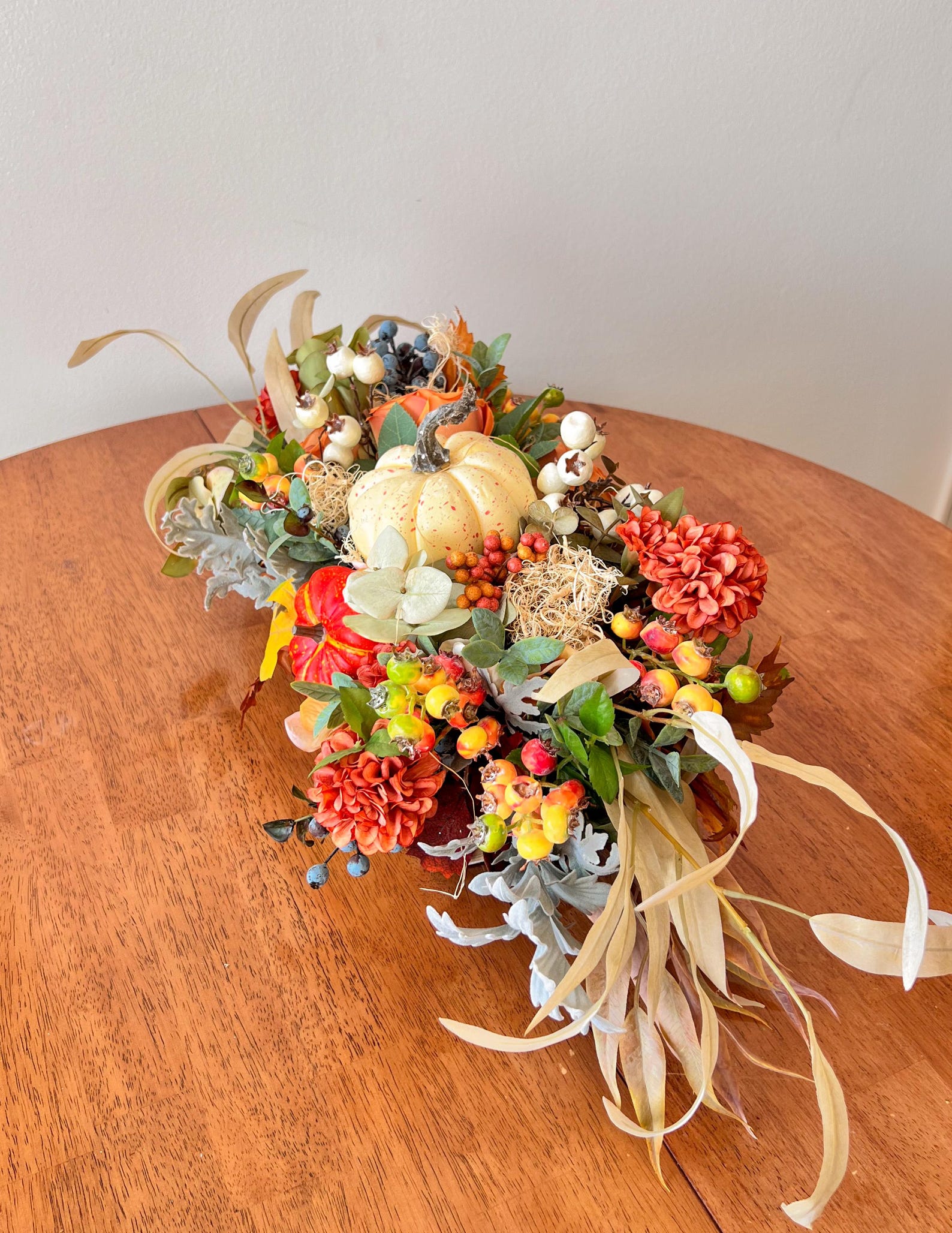 Autumn Table Arrangement in Wooden Pot, Fall Fake Flower Table ...