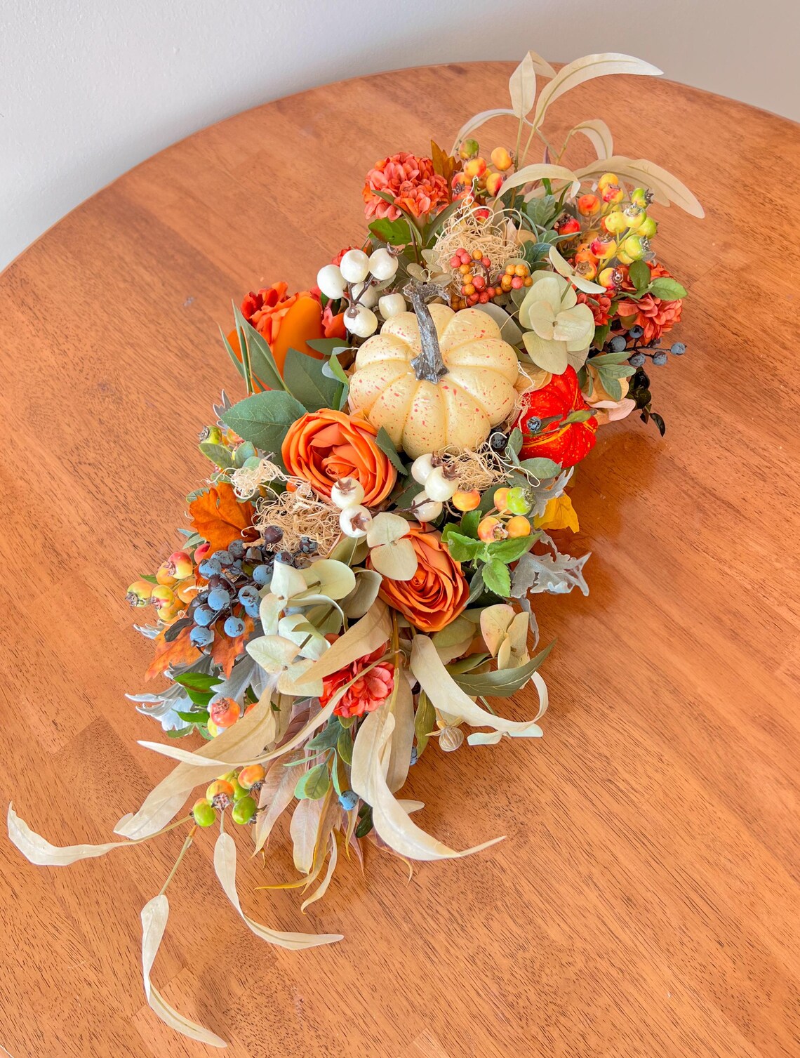 Autumn Table Arrangement in Wooden Pot, Fall Fake Flower Table ...
