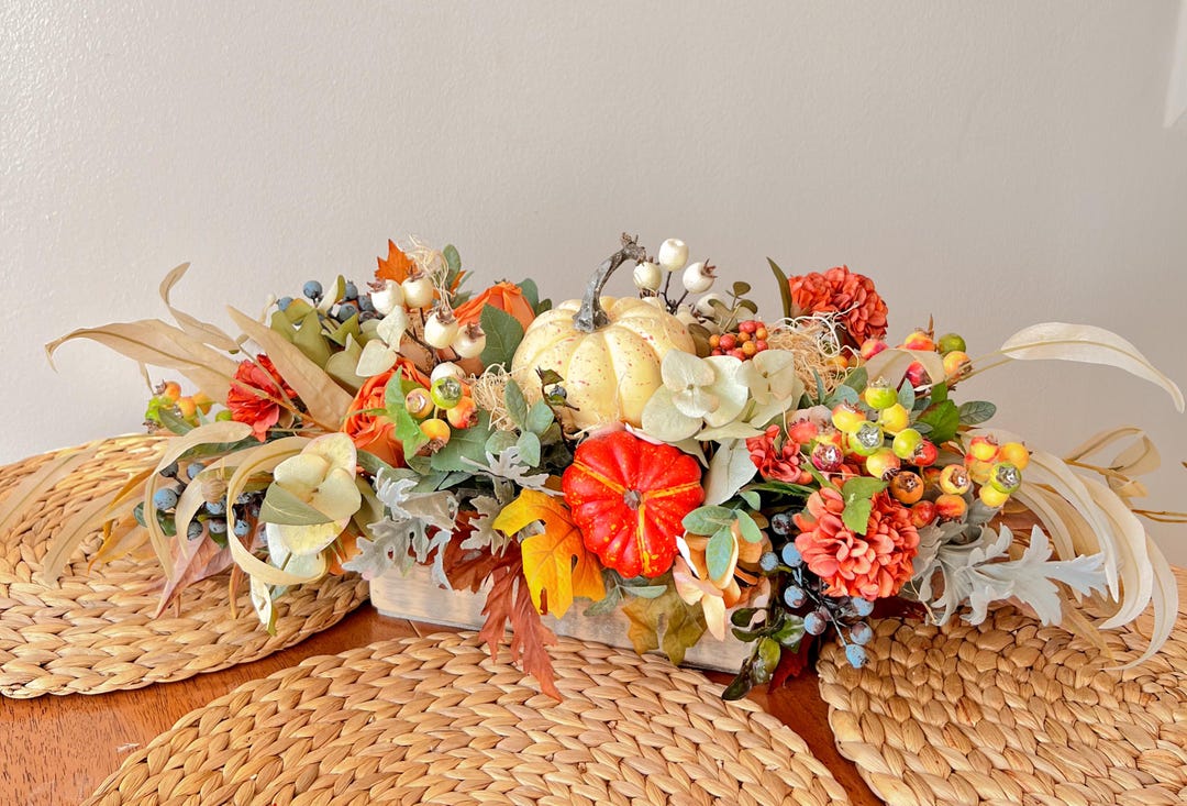 Autumn Table Arrangement in Wooden Pot, Fall Fake Flower Table ...
