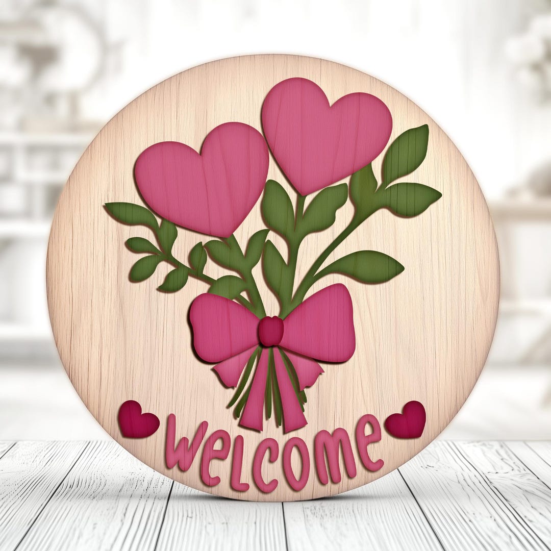 Welcome Round Sign, Instant Download, Layered Wood Sign Design, Floral ...