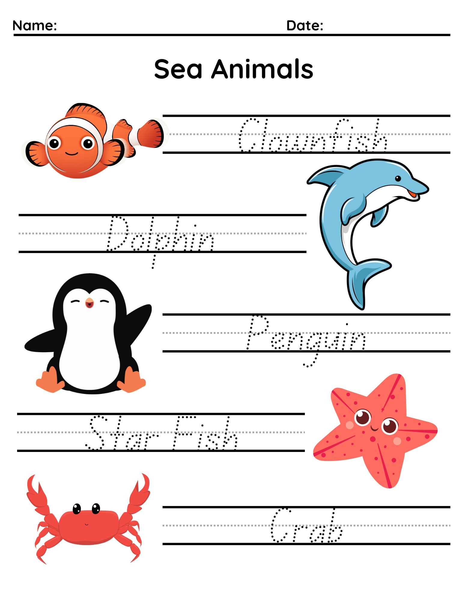 Fun Sea Animal Tracing and Coloring // Letter & Word Tracing - Etsy