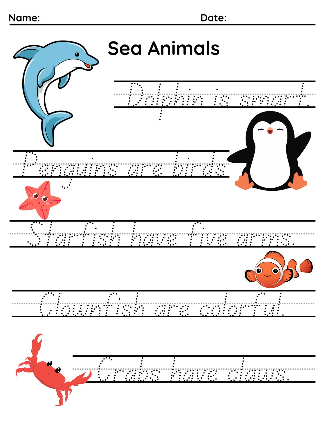 Fun Sea Animal Tracing and Coloring // Letter & Word Tracing - Etsy
