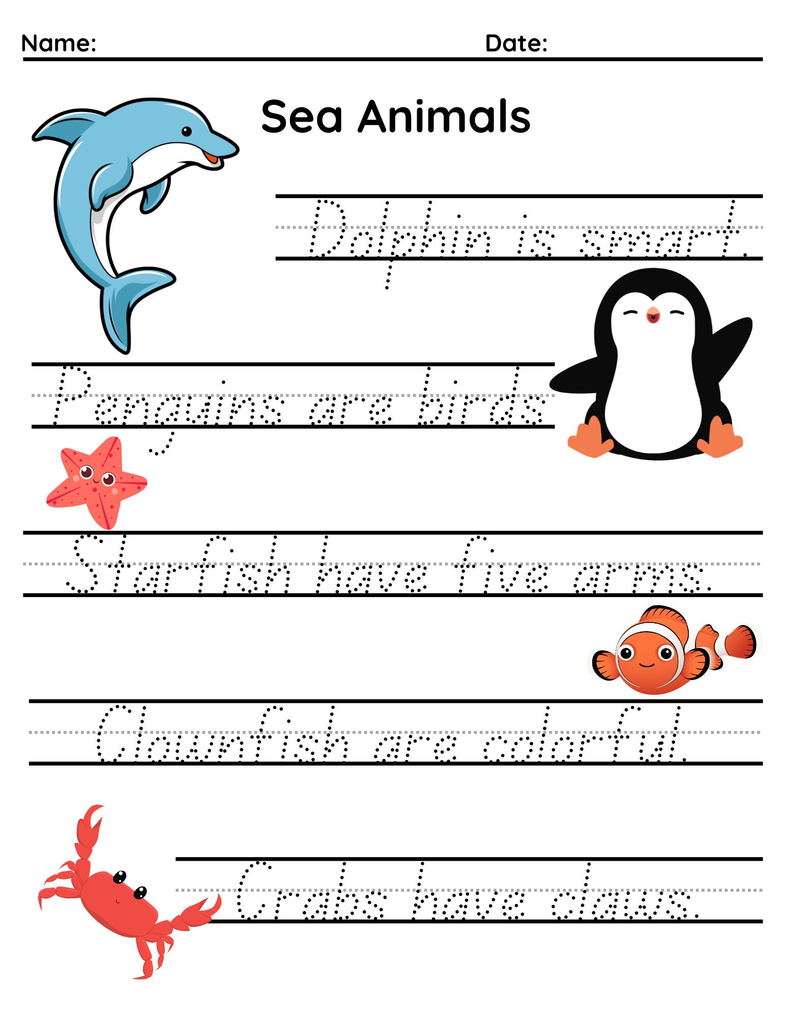 Fun Sea Animal Tracing and Coloring // Letter & Word Tracing - Etsy