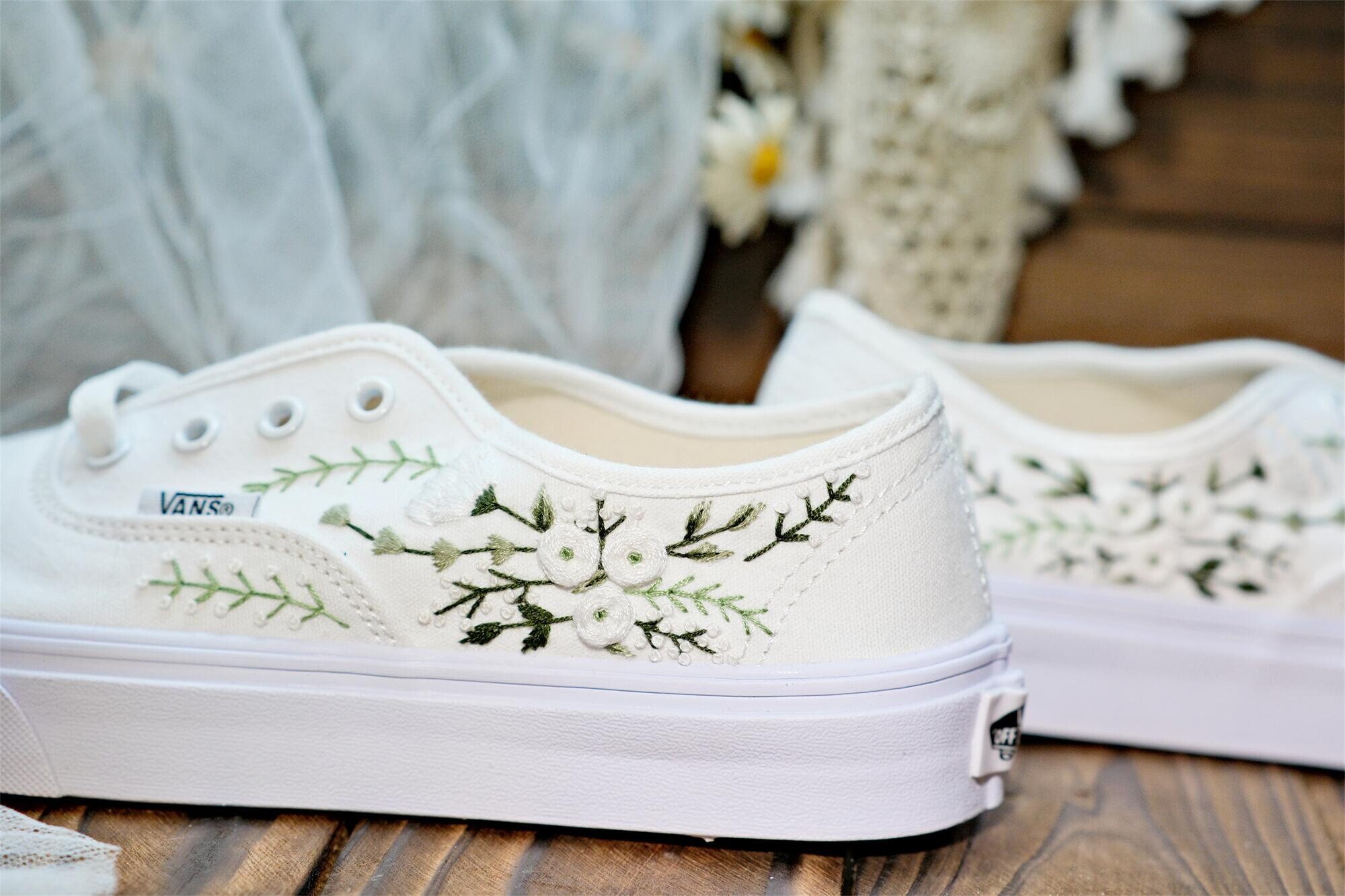 Embroidered Wedding Shoes Gift for Bride Bridal Vans bridal Slip on Vans Embroidered Slip on ...