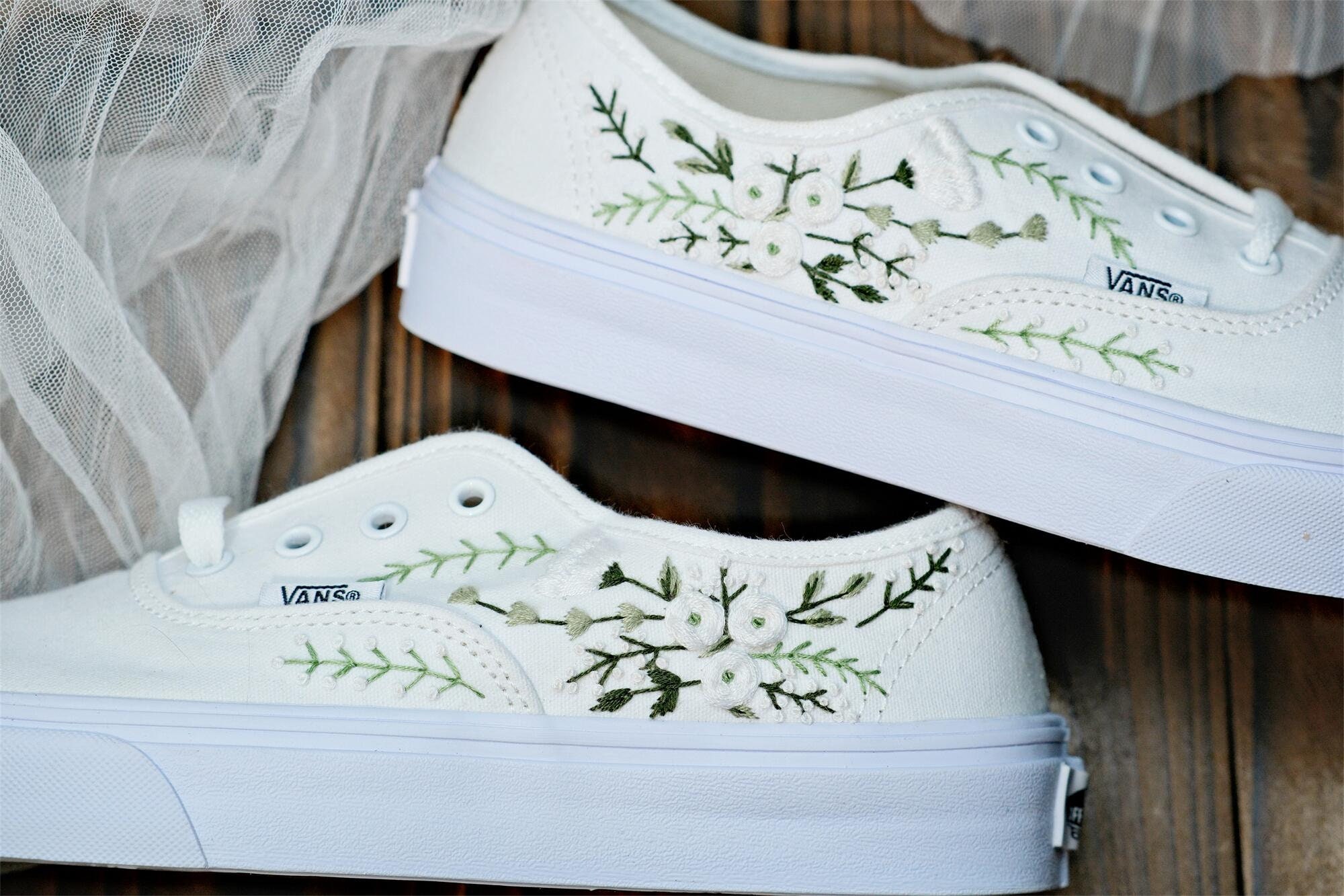 Embroidered Wedding Shoes Gift for Bride Bridal Vans bridal Slip on Vans Embroidered Slip on ...