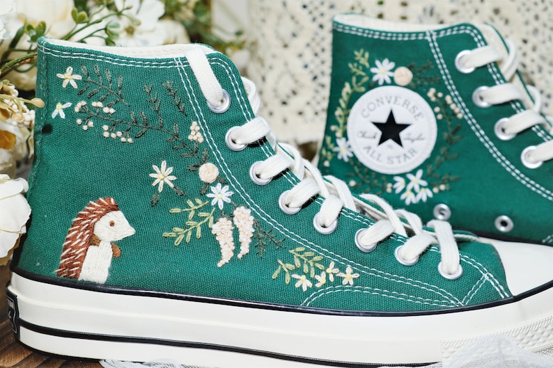 Custom Embroidered Converse High Tops, Hedgehog,white Daisy Garden ...