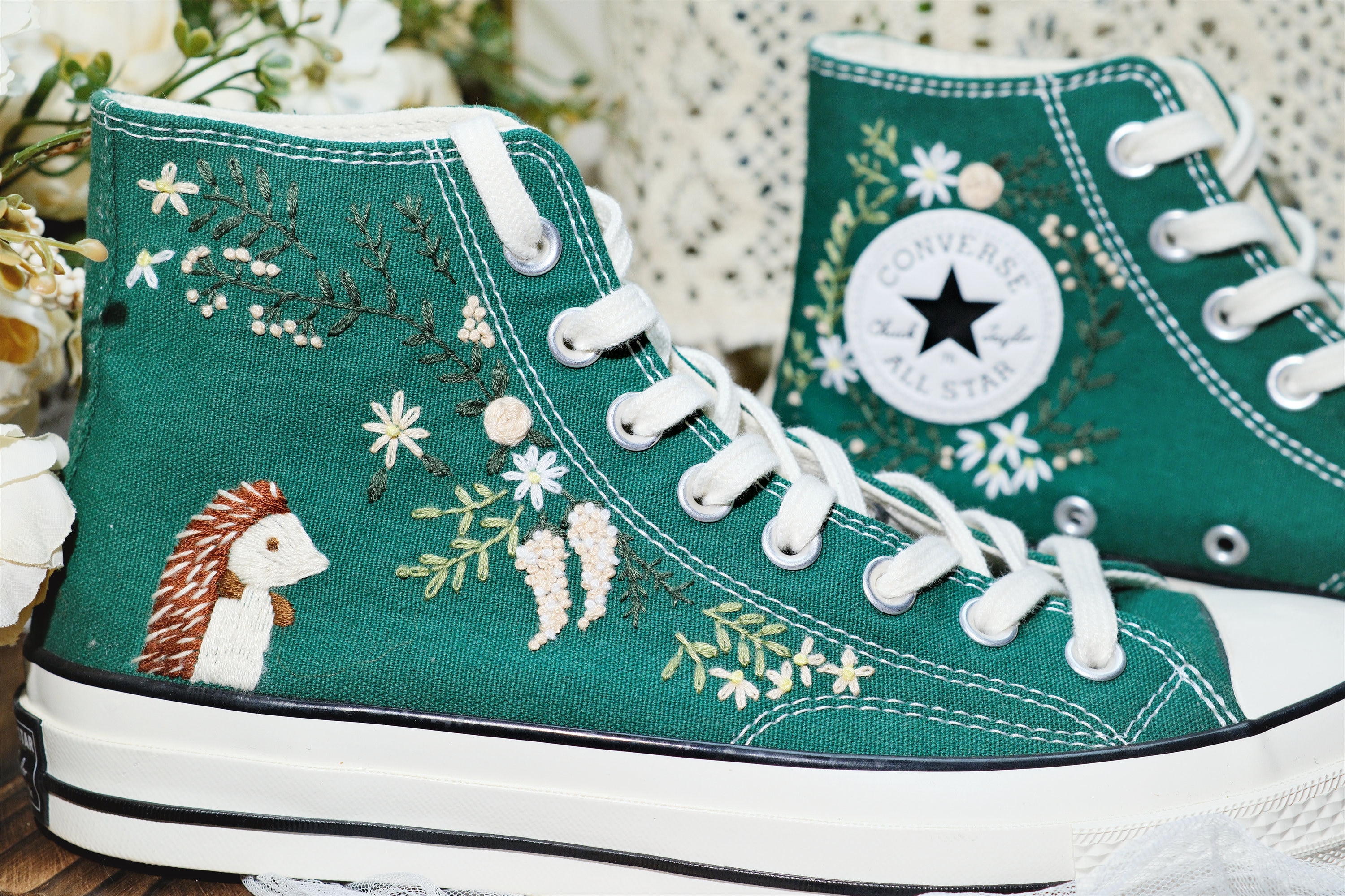 Custom Embroidered Converse High Tops, Hedgehog,white Daisy Garden ...
