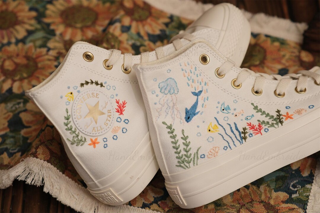Custom Embroidered Converse Sneakers: White Wedding Flowers, Ocean ...