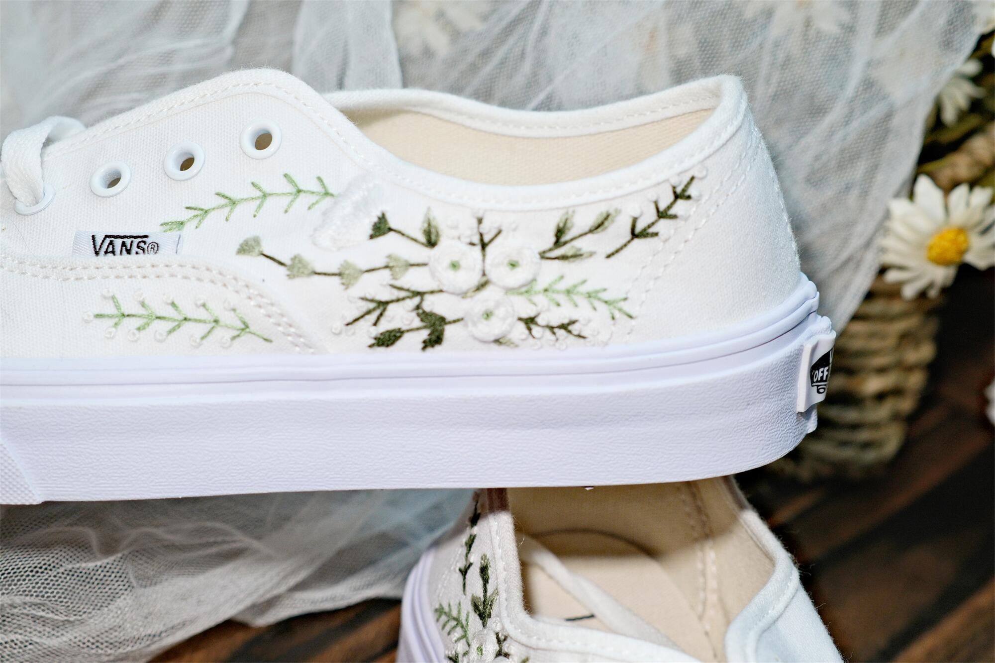 Embroidered Wedding Shoes Gift for Bride Bridal Vans bridal Slip on Vans Embroidered Slip on ...