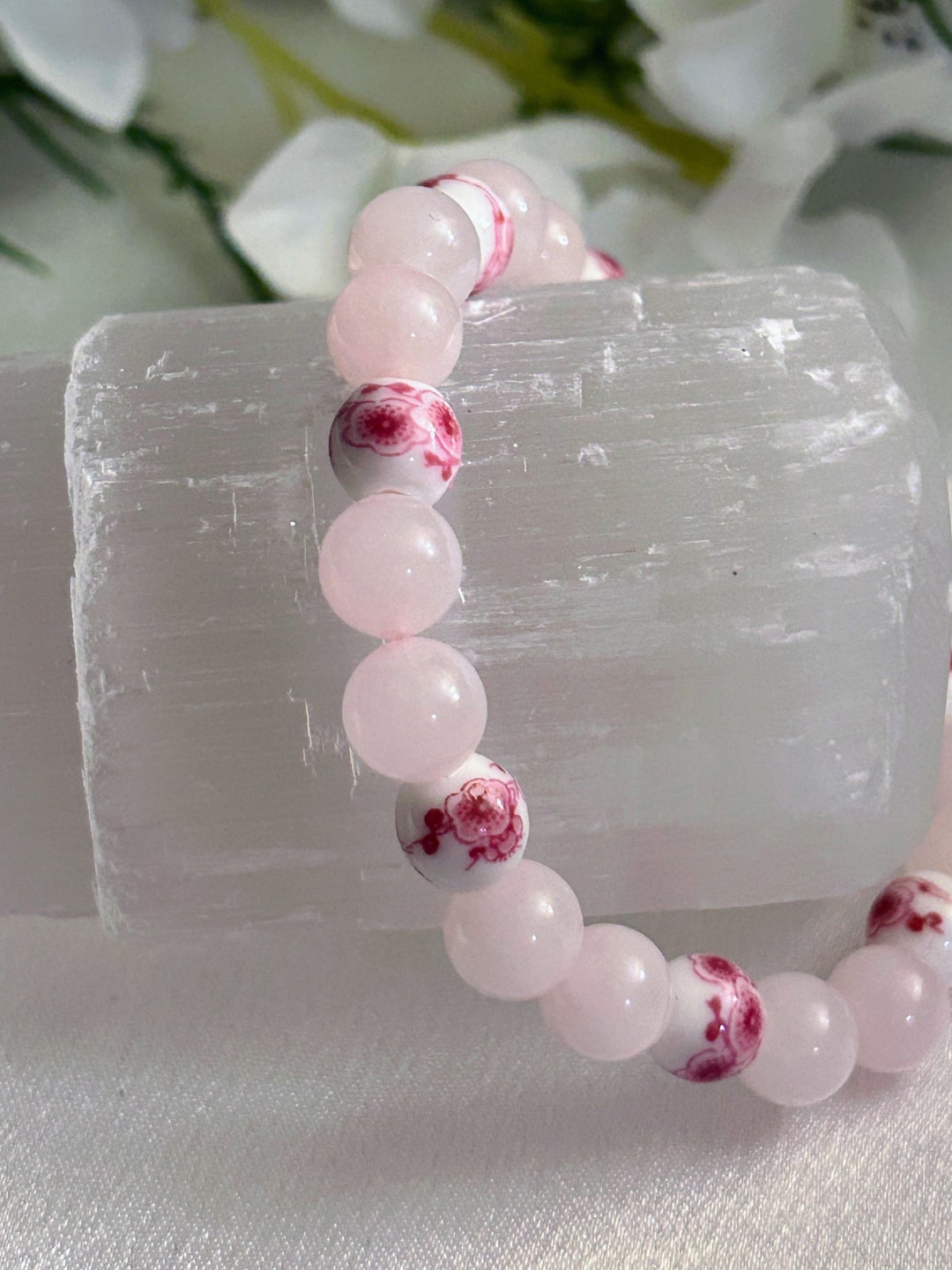 Stretch Bracelet, Natural Stones, Rose Quartz and Ceramic 8mm, Healing ...