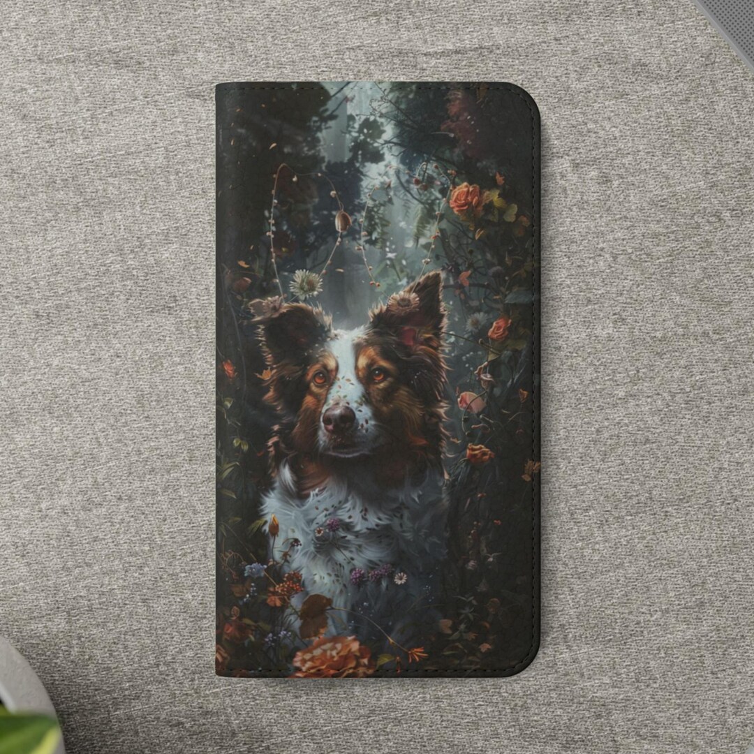 Garden Border Collie Wallet Case Floral Dog Art iPhone 16 15 14 13 12 ...
