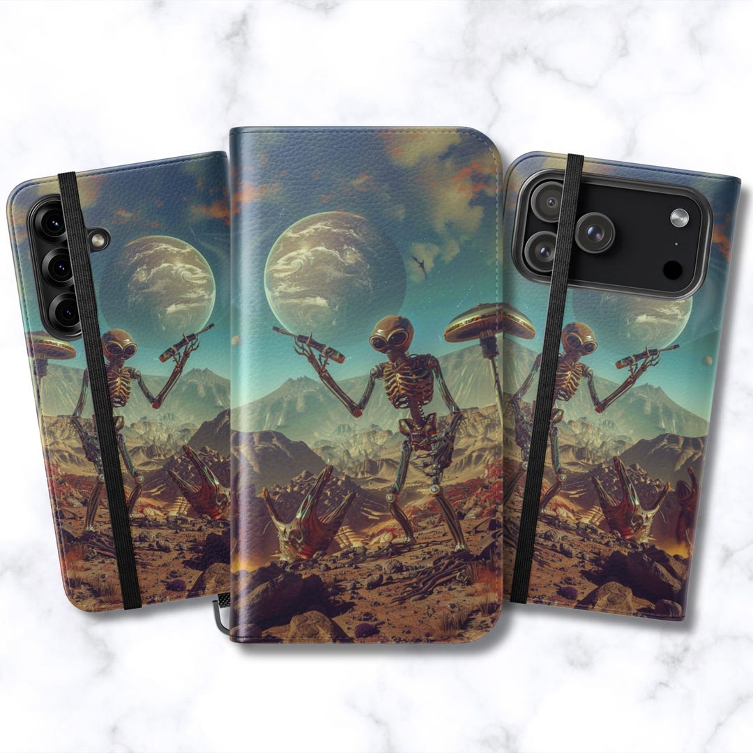 Alien Skeleton Folio Wallet Case for iPhone 17-11 & Samsung Galaxy ...