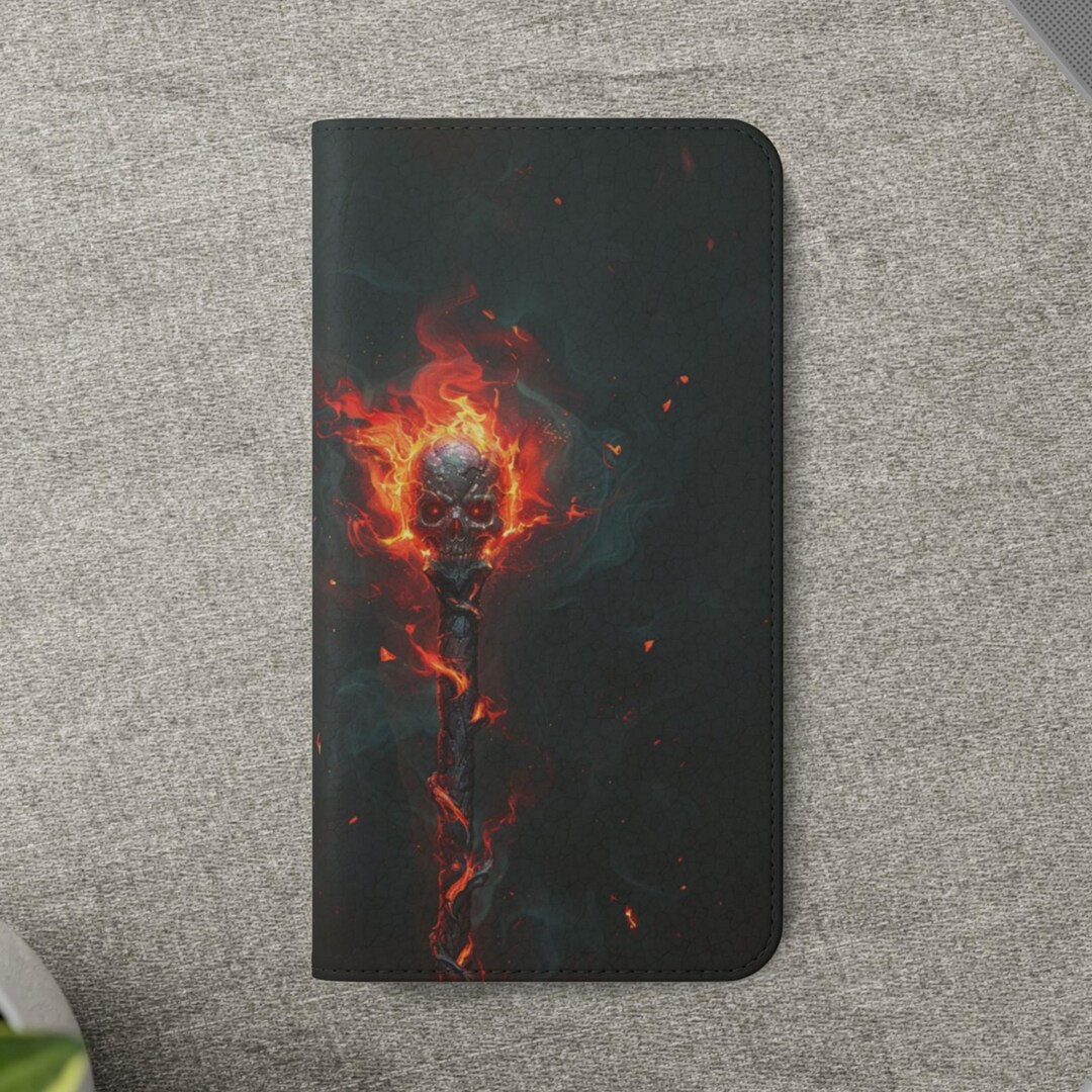 Flaming Skull Staff Wallet Case Dark Magic Fantasy Art iPhone 16 15 14 ...