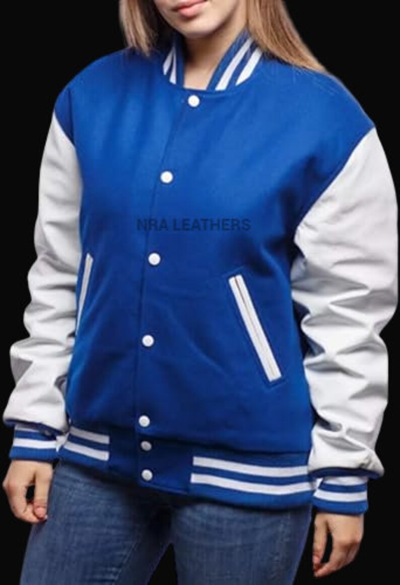 Womens Varsity Jacket Bomber Letterman High Quality Wool & White Leather Sleeves, Denim Varsity ...