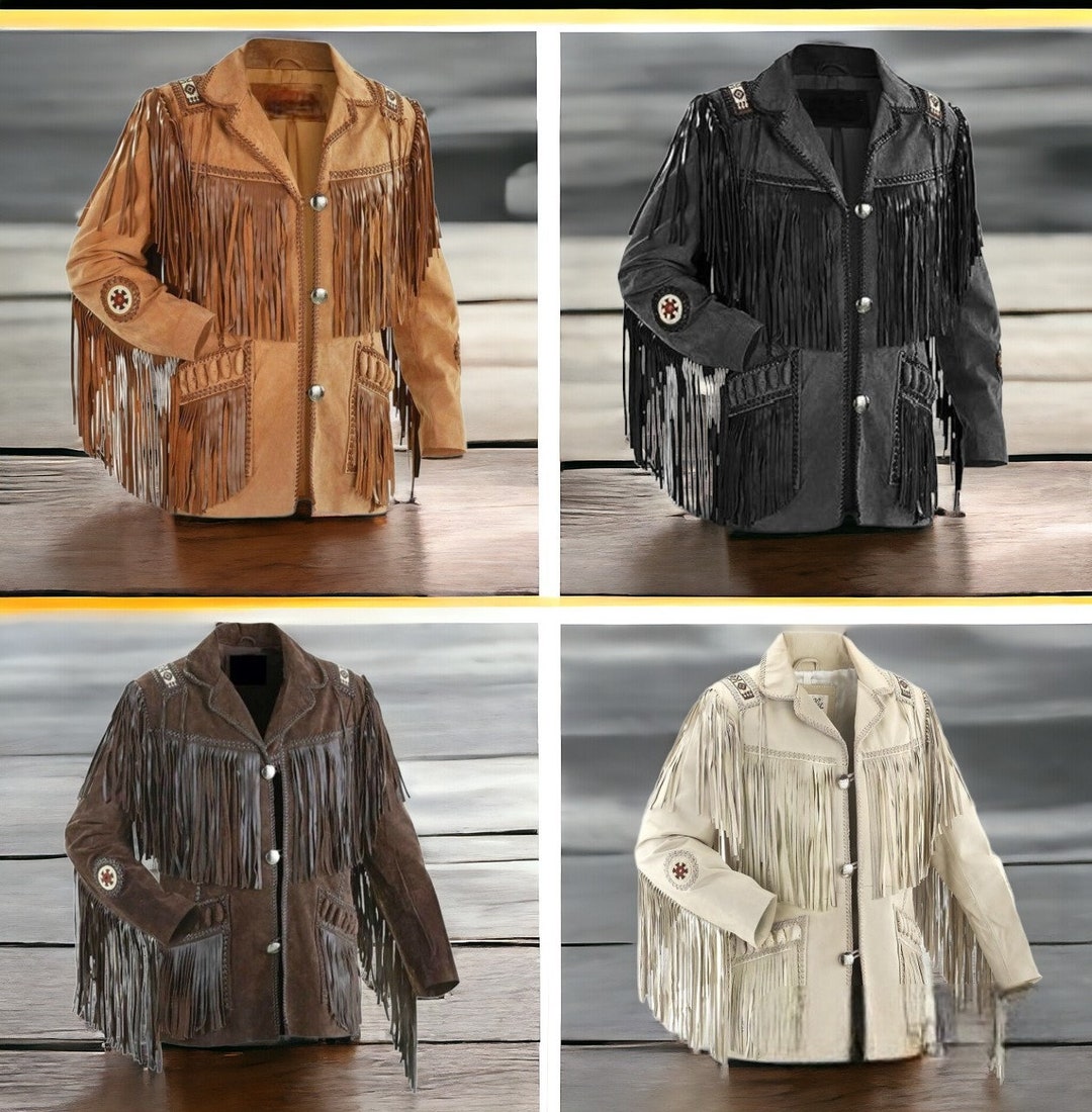Men's Traditional Cowboy Western Leather Jacket Coat With Fringe Native ...